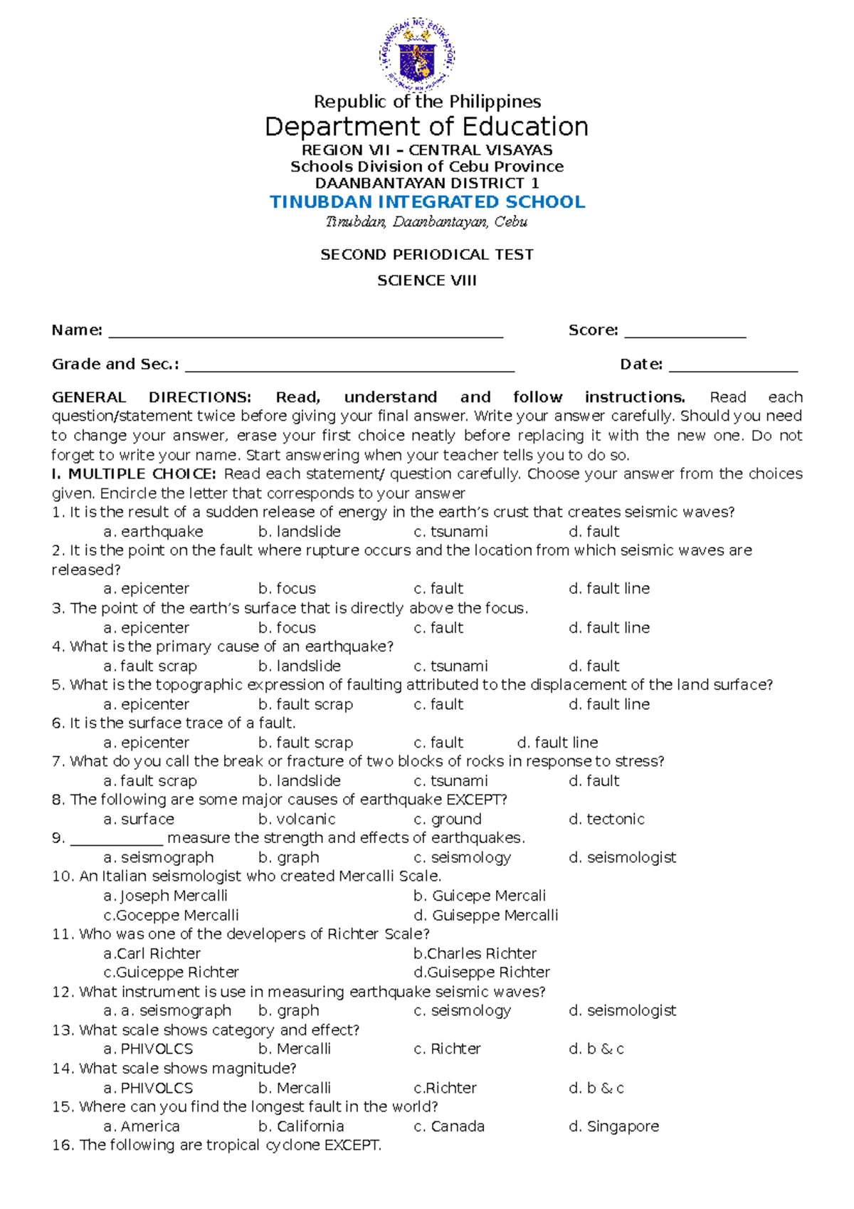 2nd periodical test in science 8 - Republic of the Philippines ...