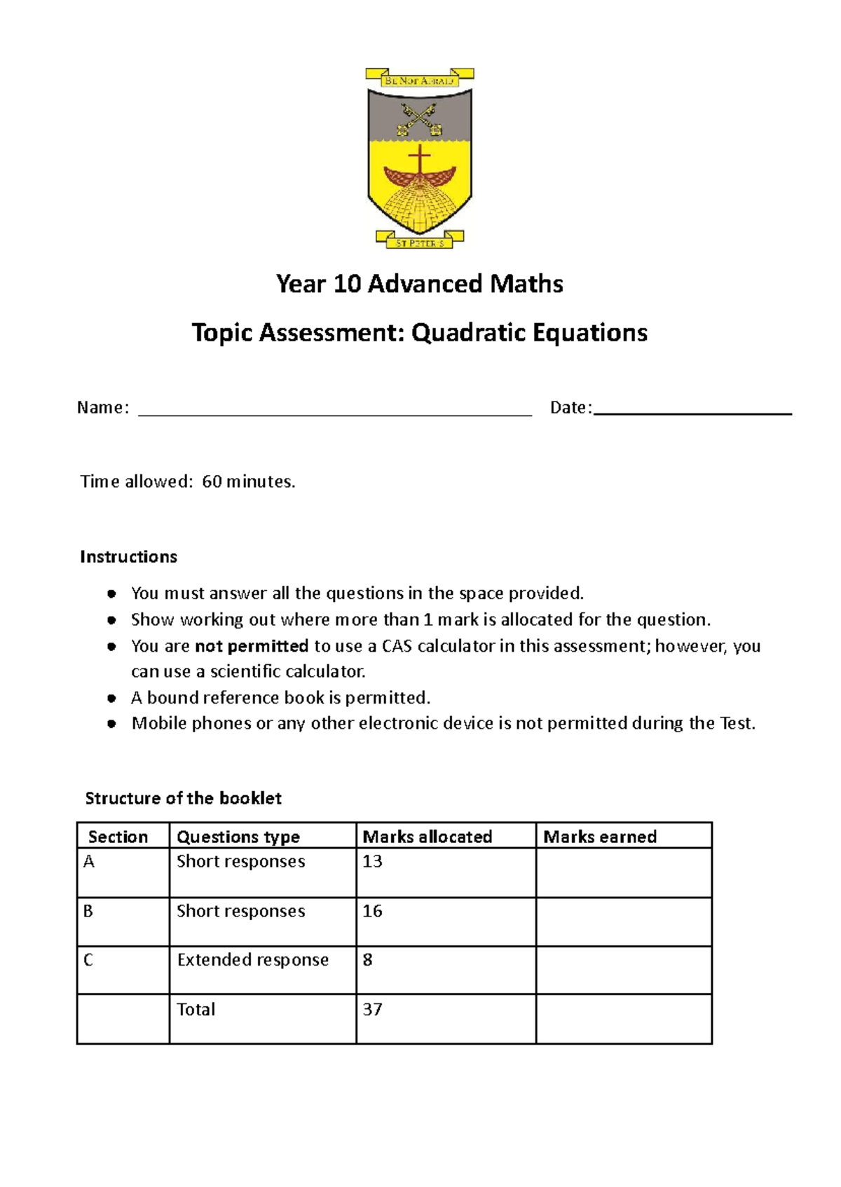 Quadratics topic test (1).docx - Year 10 Advanced Maths Topic ...