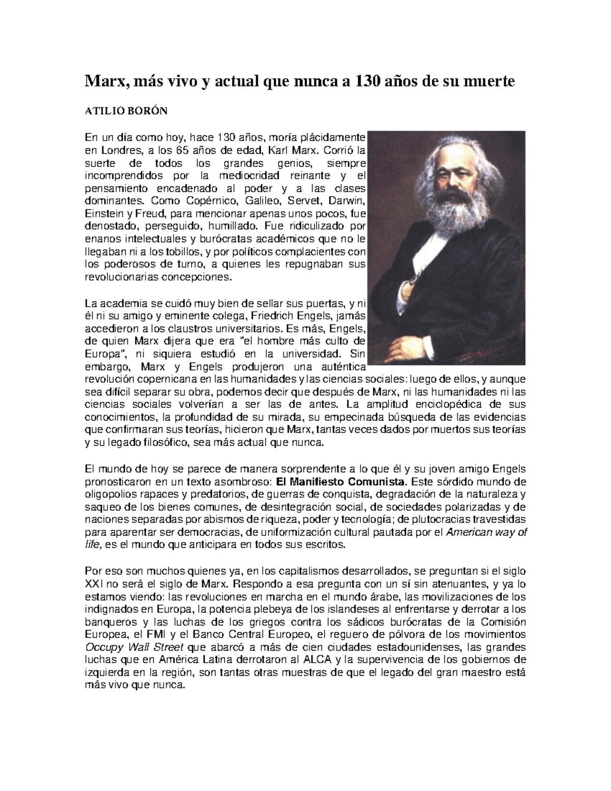 Marx, mas vivo y actual que nunca a 130 años de su muerte - Corrió la ...