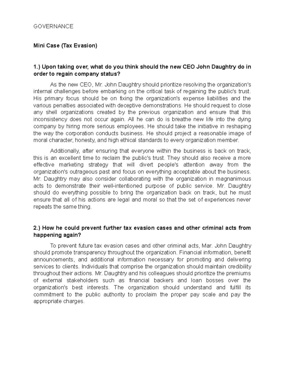Mini Case Assignment in Governance (Tax Evasion) - GOVERNANCE Mini Case ...