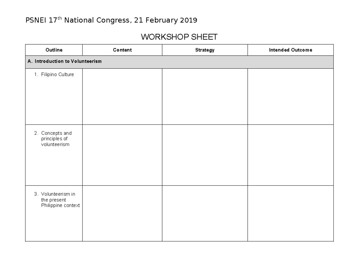 NSTP Workshop Sheet - National Service Training Program - PSNEI 17 th ...