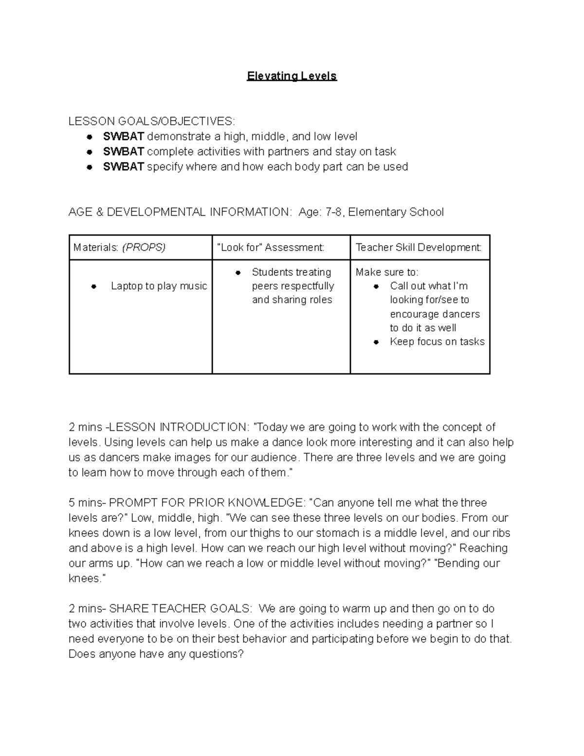 Lesson 2A Final - Elevating Levels LESSON GOALS/OBJECTIVES: SWBAT ...