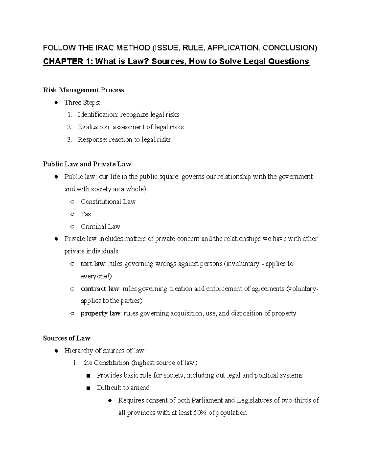 LAW122 Midterm Notes - FOLLOW THE IRAC METHOD (ISSUE, RULE, APPLICATION ...
