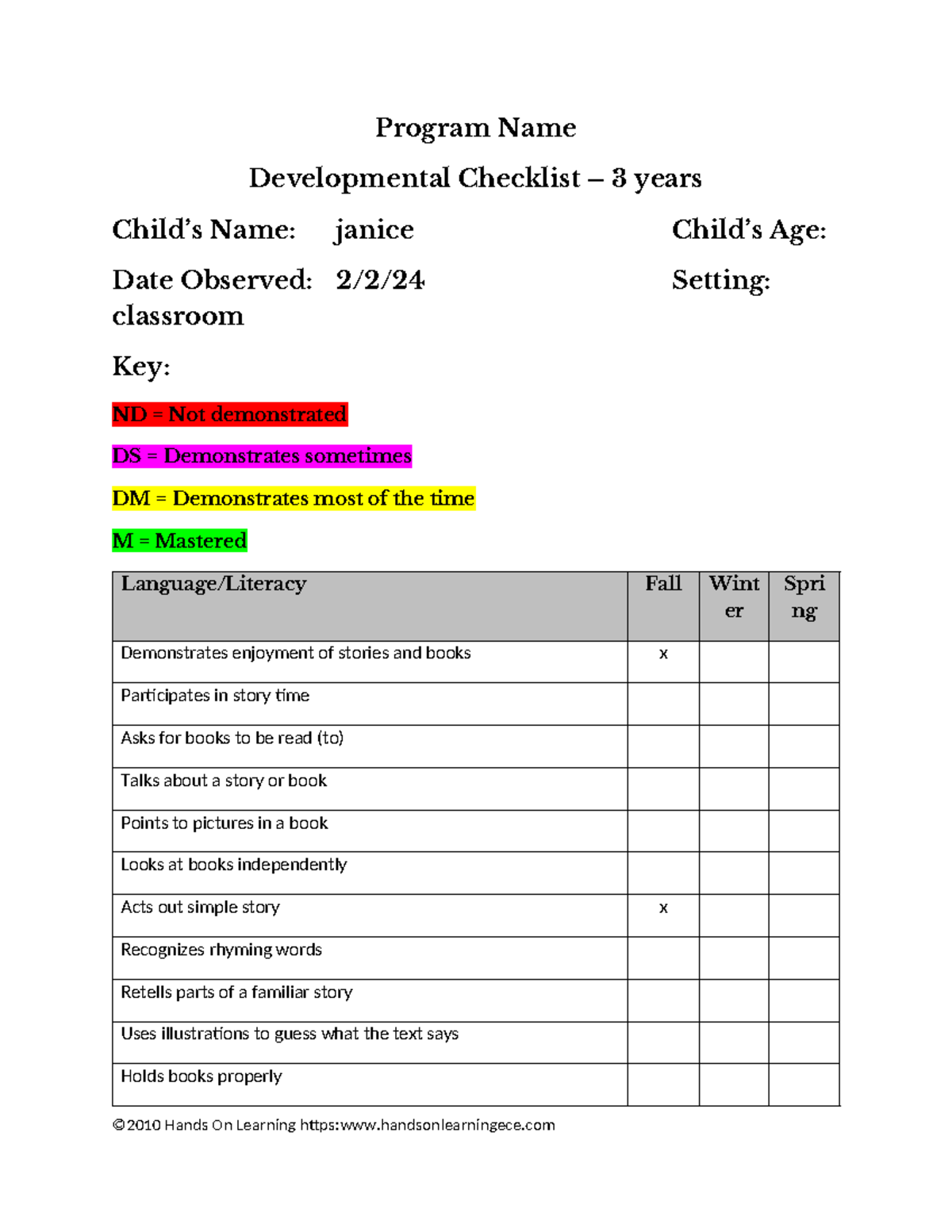 Mod 5 Journal-Developmental Checklist- Language Domain Only - Program ...