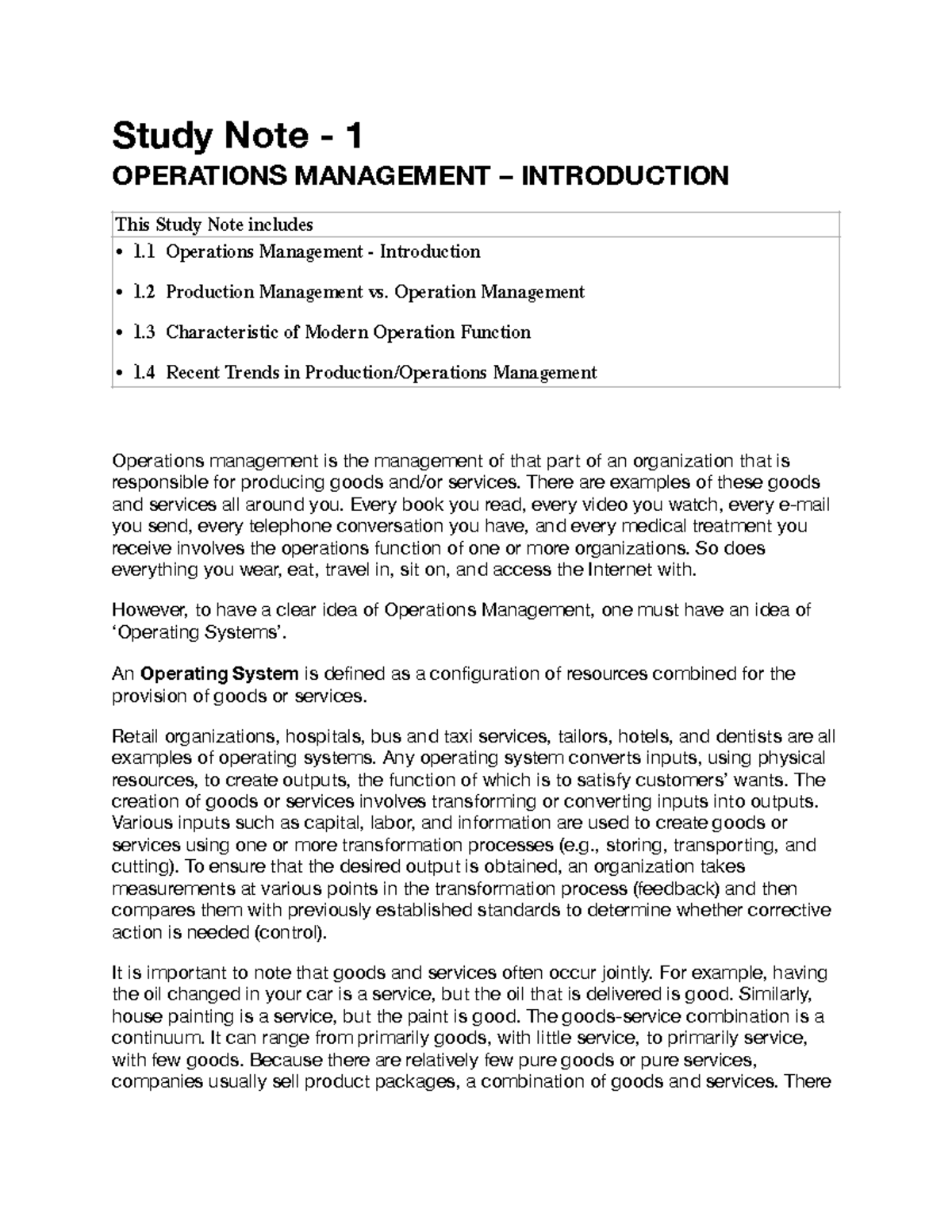 OPM-Note1 - Study Note - 1 OPERATIONS MANAGEMENT – INTRODUCTION 1 OPERATIONS MANAGEMENT - - Studocu
