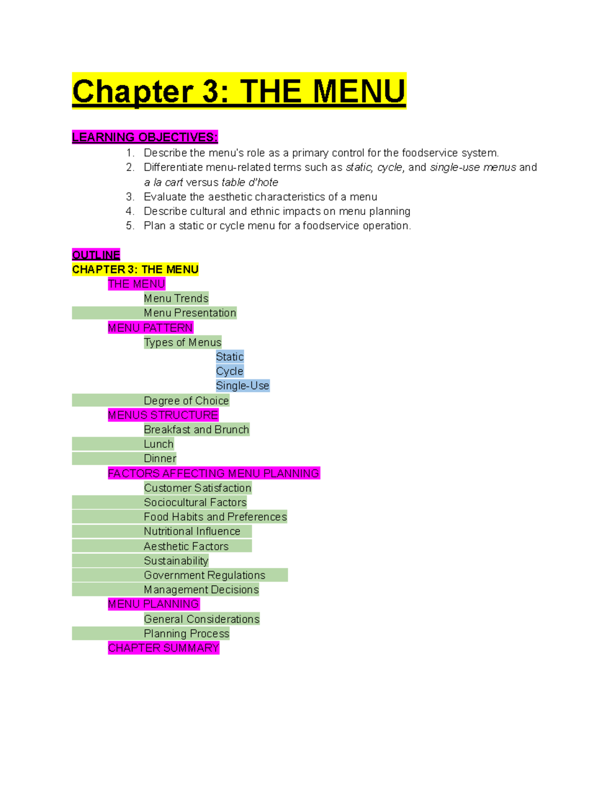 Menu Project DTC 350 - Chapter 3: THE MENU LEARNING OBJECTIVES ...