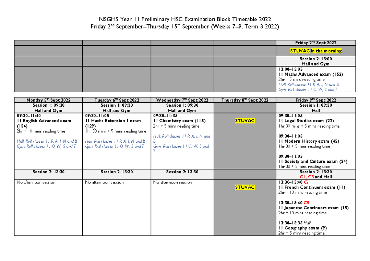 Year 11 TERM 3 Assessment Block Timetable 2022 Final updated 22 08 ...