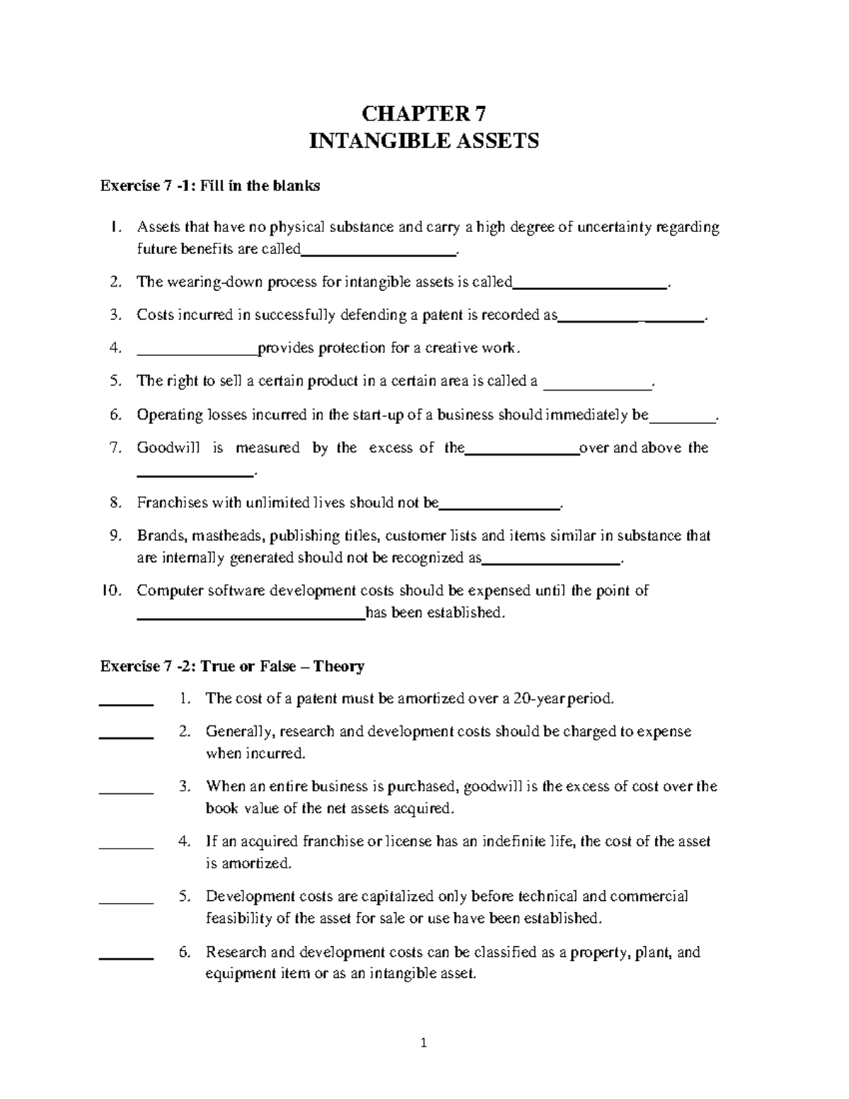 Chapter 7 Intangible Assets Exercises T1AY2324-1 - CHAPTER 7 INTANGIBLE ASSETS Exercise 7 - 1 ...