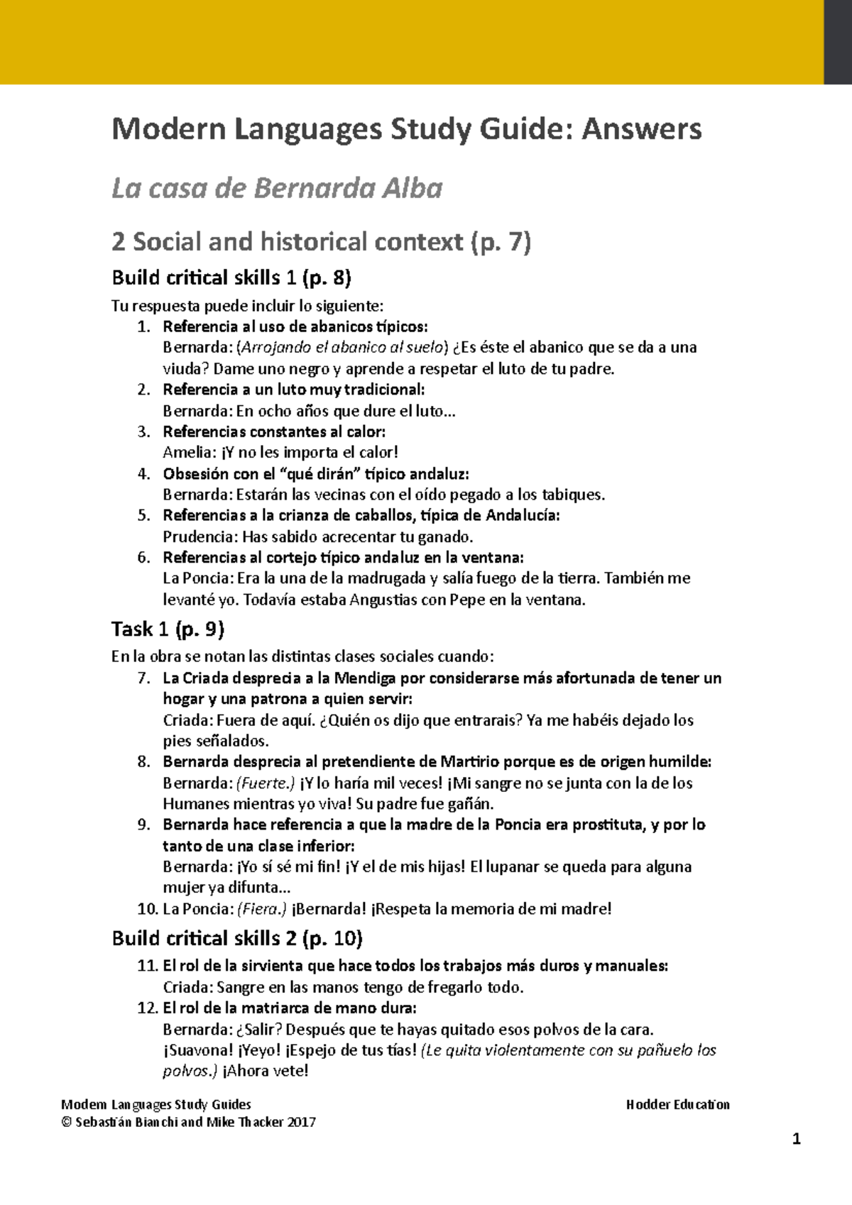 La casa de Bernarda Alba Study Guide Answers - Modern Languages Study ...