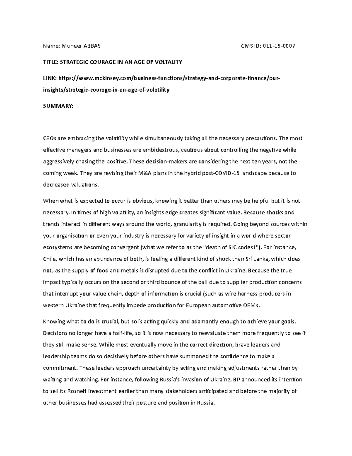 Article 1( Summary) - lectures note ofchapter 10 - Name: Muneer ABBAS ...