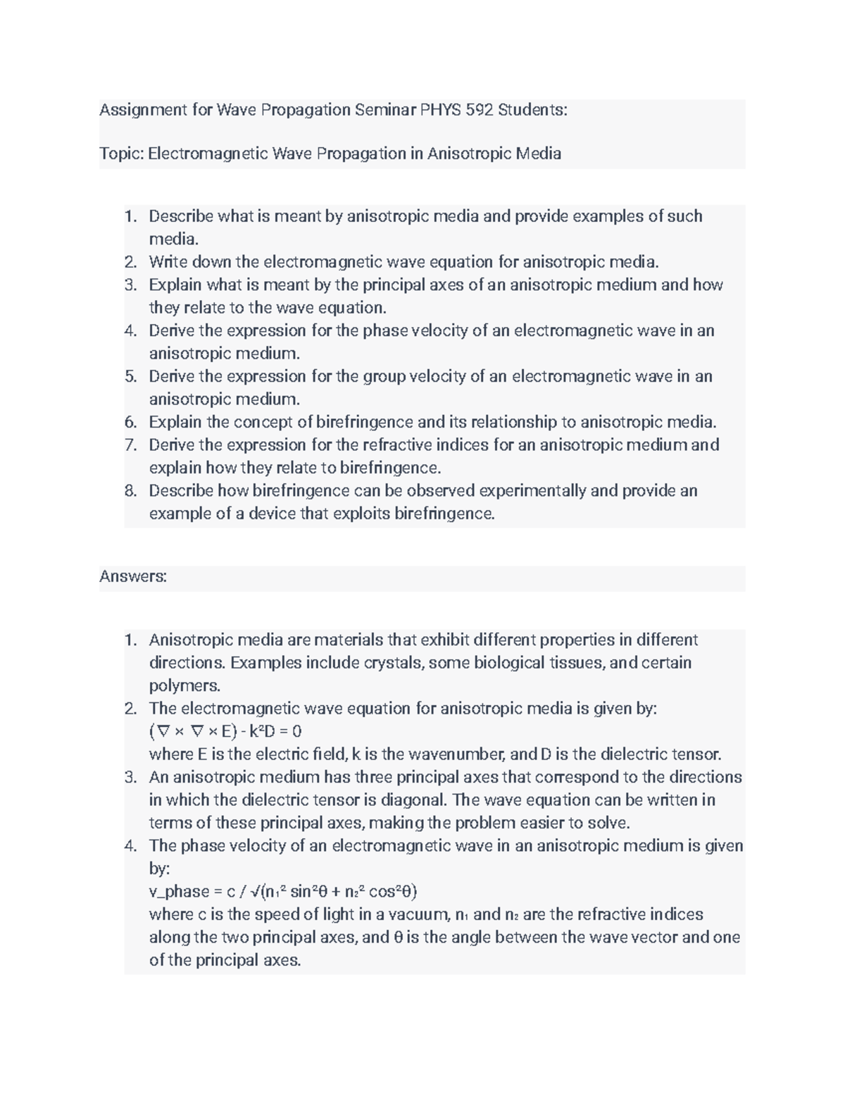 Assignment for Wave Propagation Seminar PHYS 592 Students - Write down ...