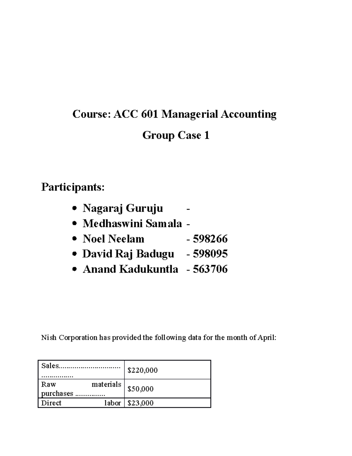 Managerial Accounting Group Assignment - Group Case 1 - Course: ACC 601 ...