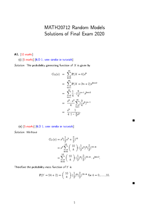MATH20712 Random Models EXAM 2022 - Advised Time to Complete: Two Hours ...