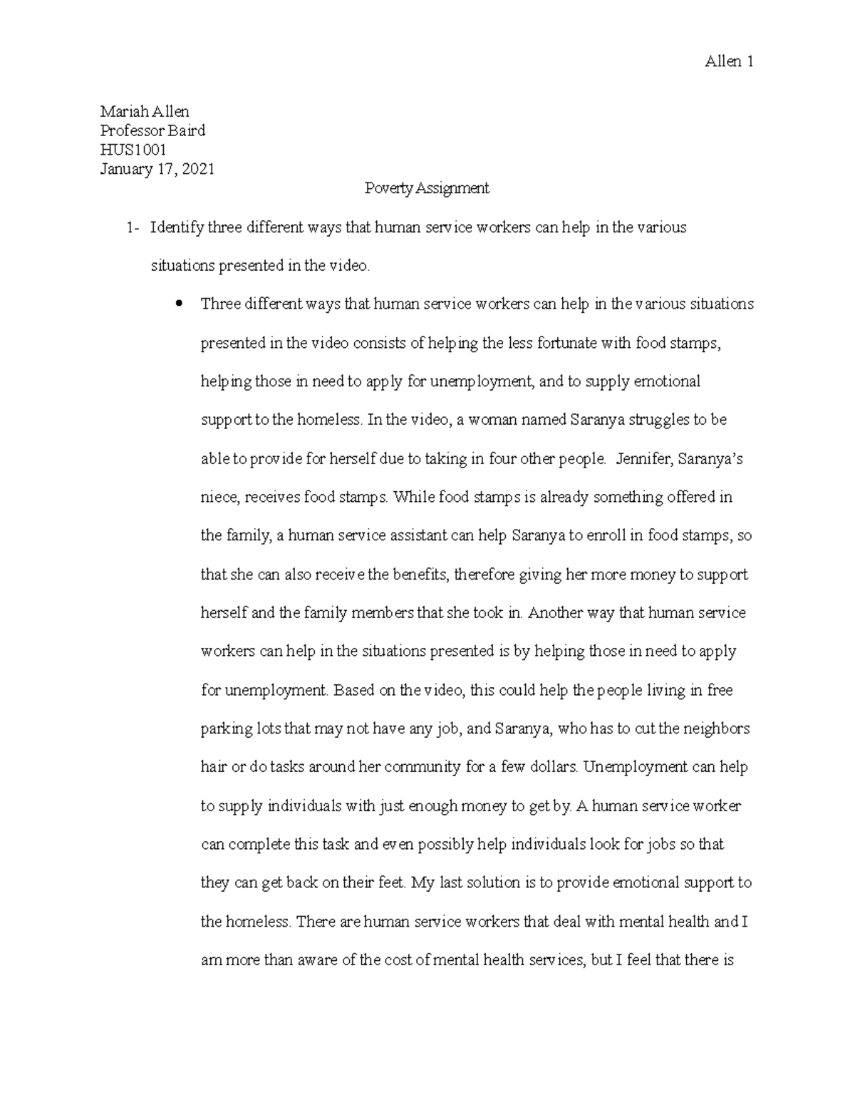 Allen VIDEO U1A1 Poverty - Mariah Allen Professor Baird HUS January 17 ...