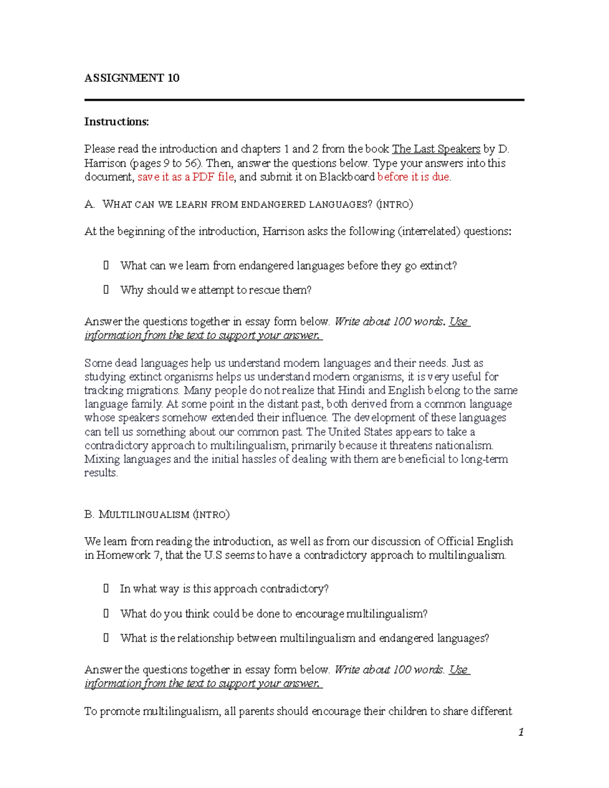 Linguistics 101 HW 10 - ASSIGNMENT 10 Instructions: Please read the introduction and chapters 1 ...