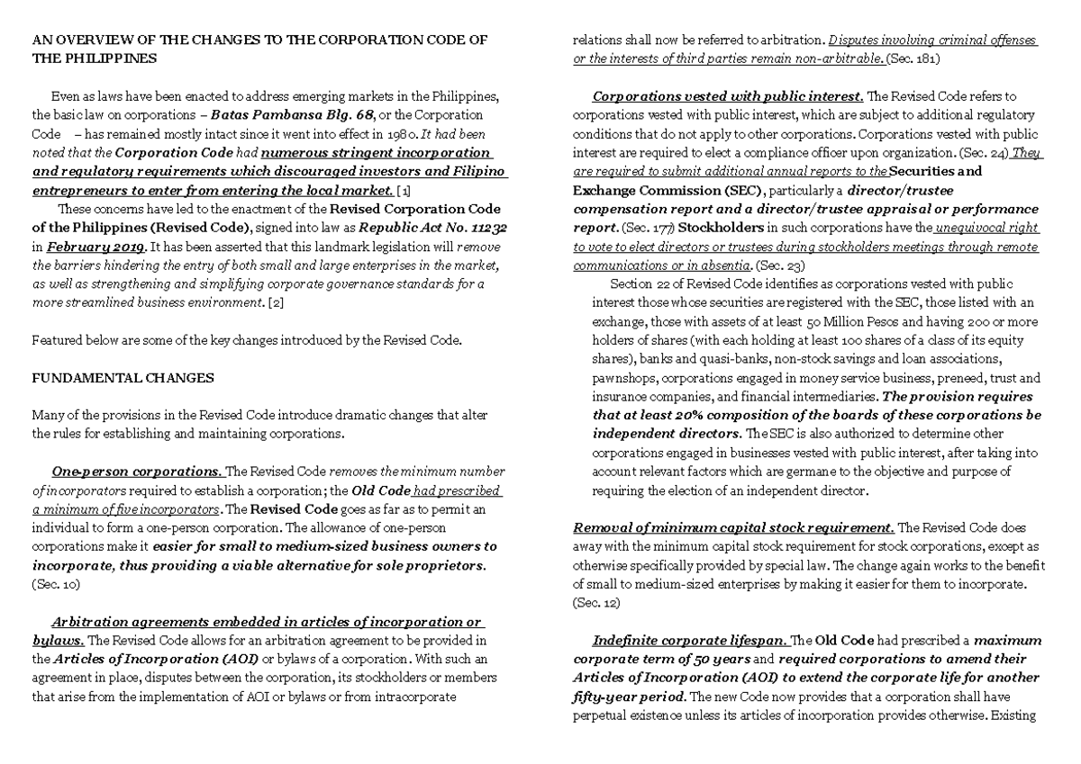 2019 Overview of Revised Corporation CODE notes. - AN OVERVIEW OF THE ...