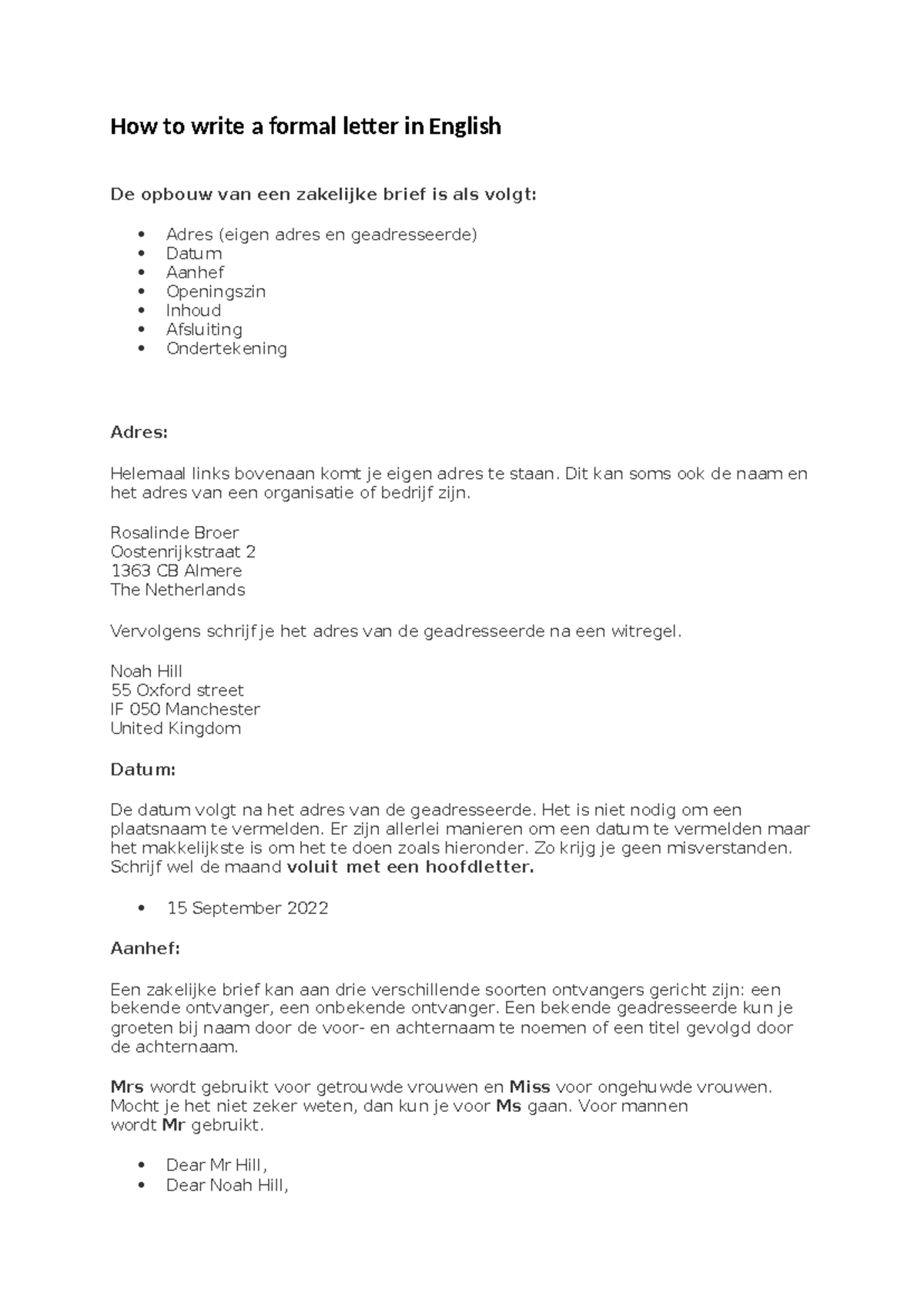 How to write a formal letter in English - Dit kan soms ook de naam en ...