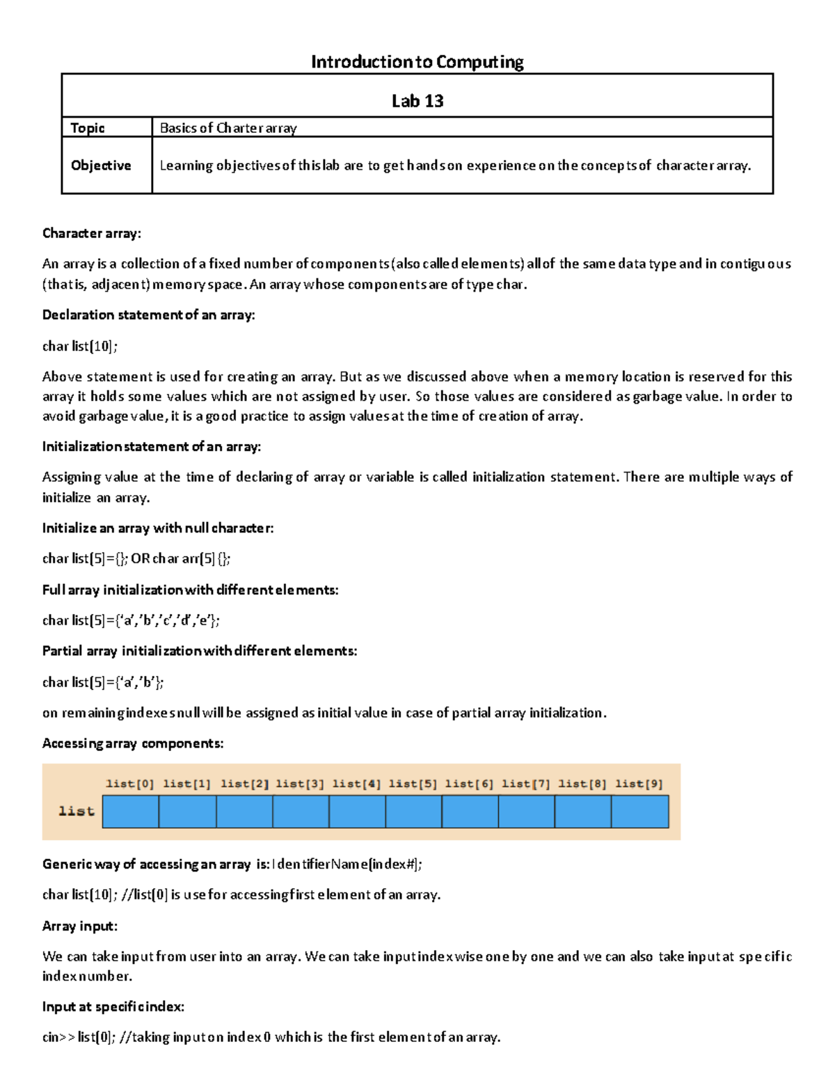 Lab 13 - hello - Introduction to Computing Lab 13 Topic Basics of Charter array Objective ...