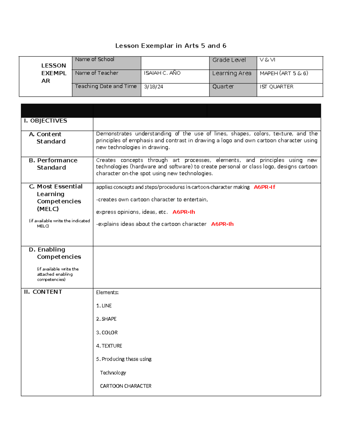 Lesson-PLAN-DEMO-5-6 - Lesson Exemplar in Arts 5 and 6 LESSON EXEMPL AR ...