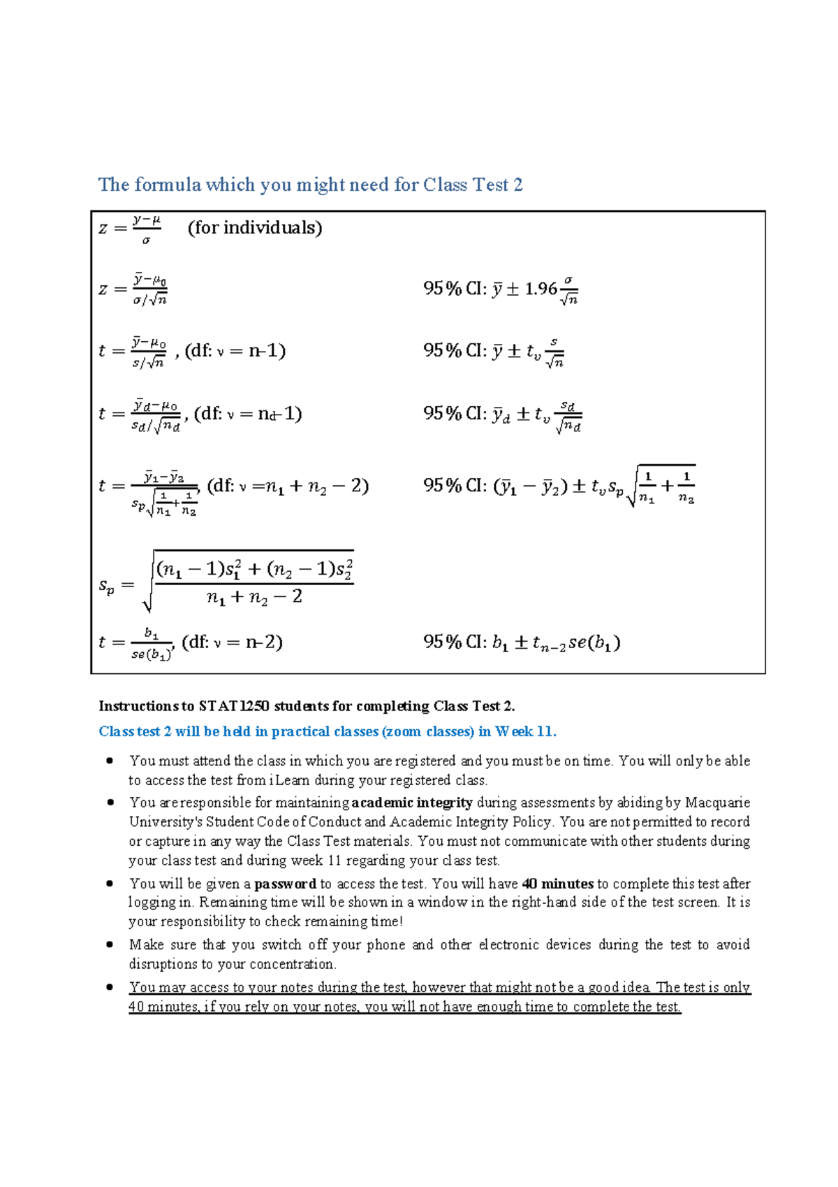 Class test 2 instructions - The formula which you might need for Class ...