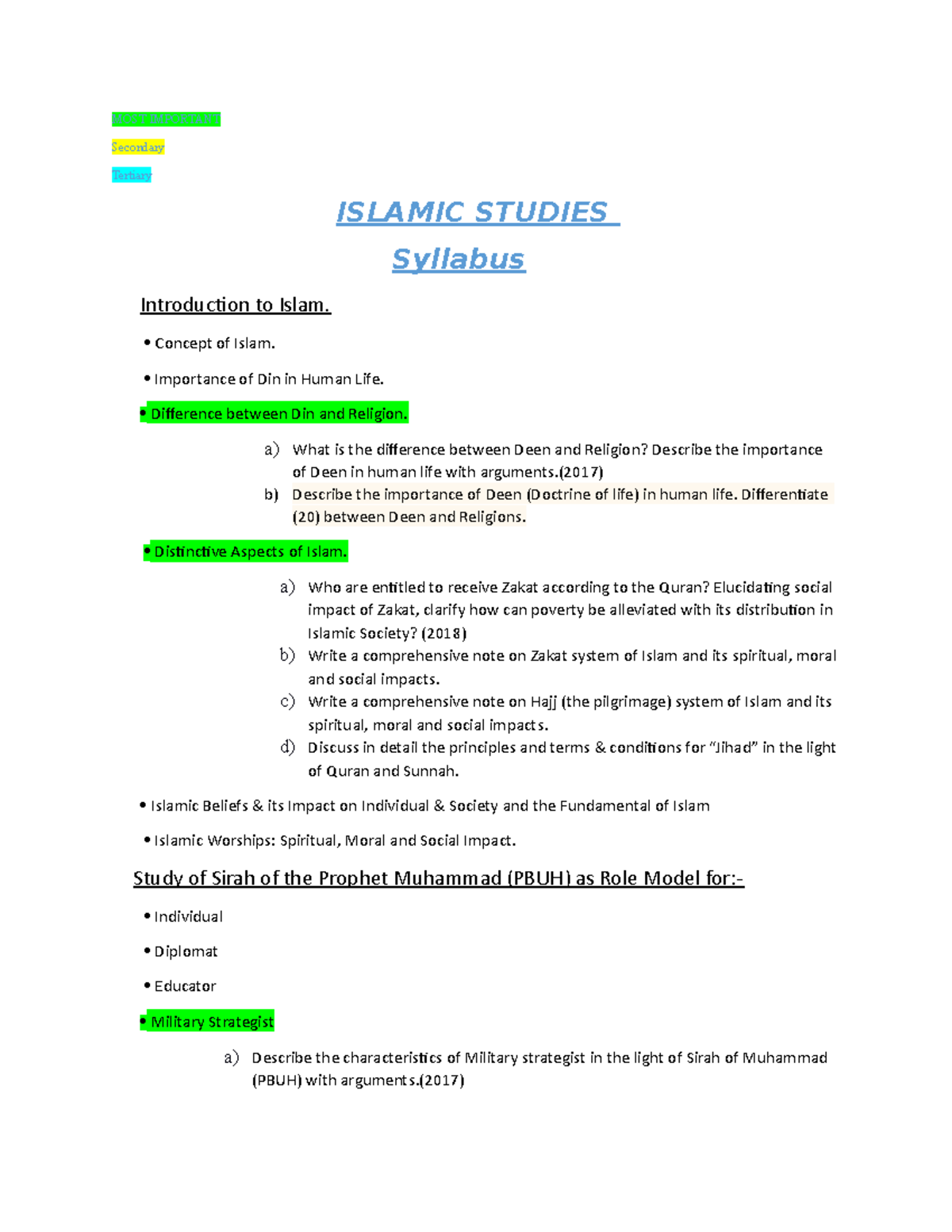 Islamic Studies - MOST IMPORTANT Secondary Tertiary ISLAMIC STUDIES ...