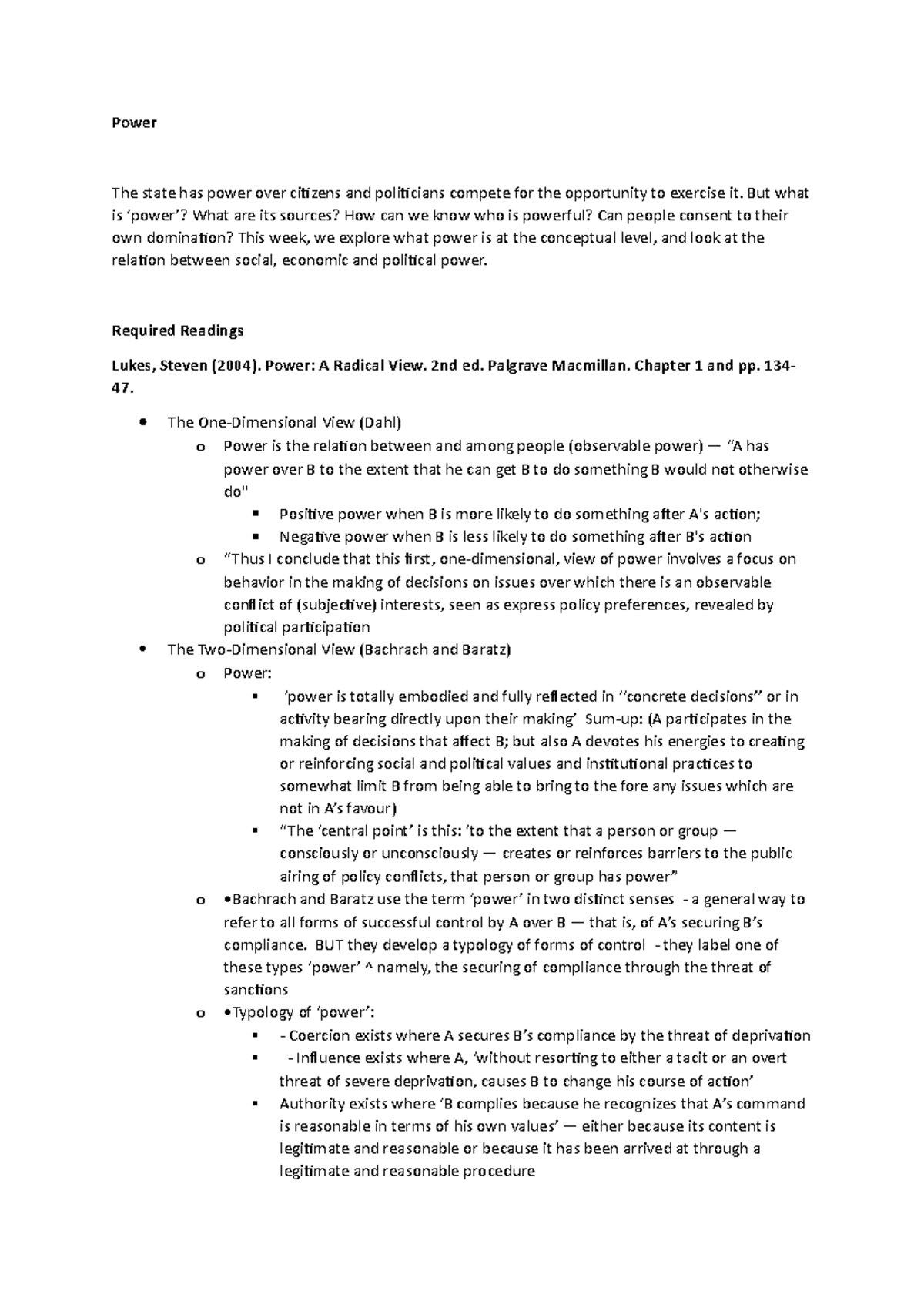 Intro to Pol Week 5 Reading notes - Power The state has power over ...
