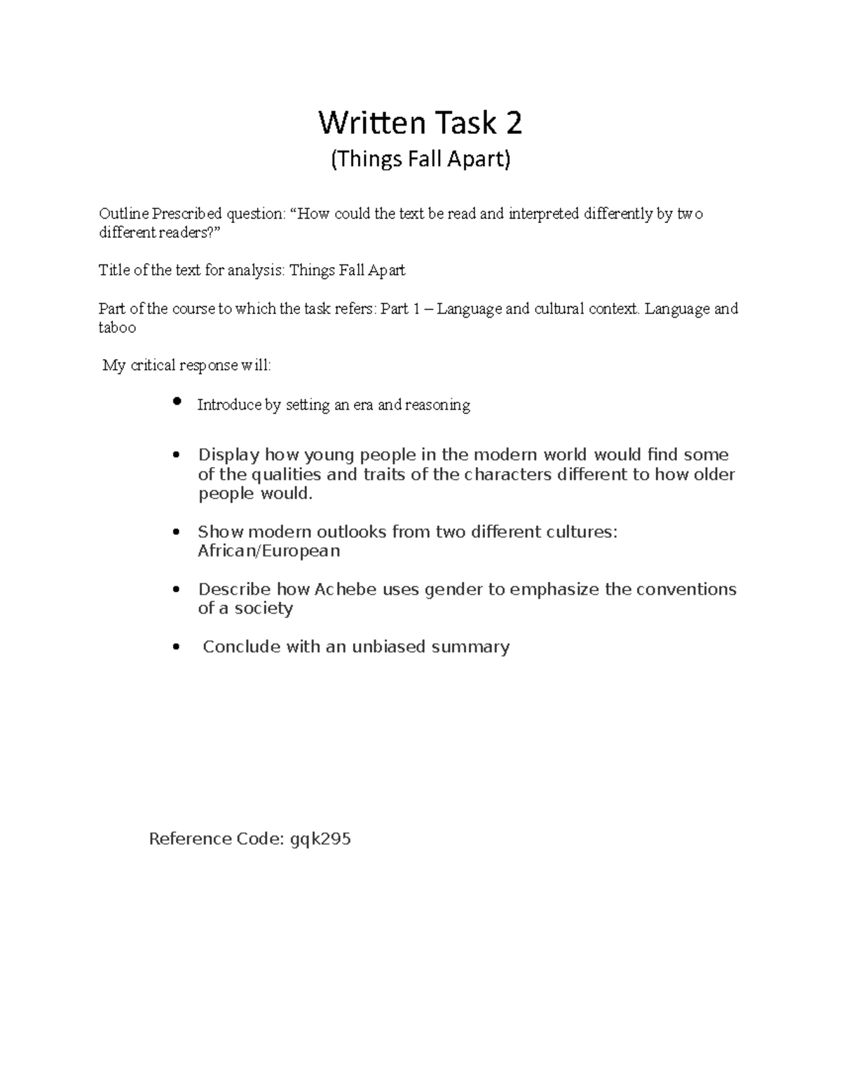 Written task 2 wt2 - Written Task 2 (Things Fall Apart) Outline ...
