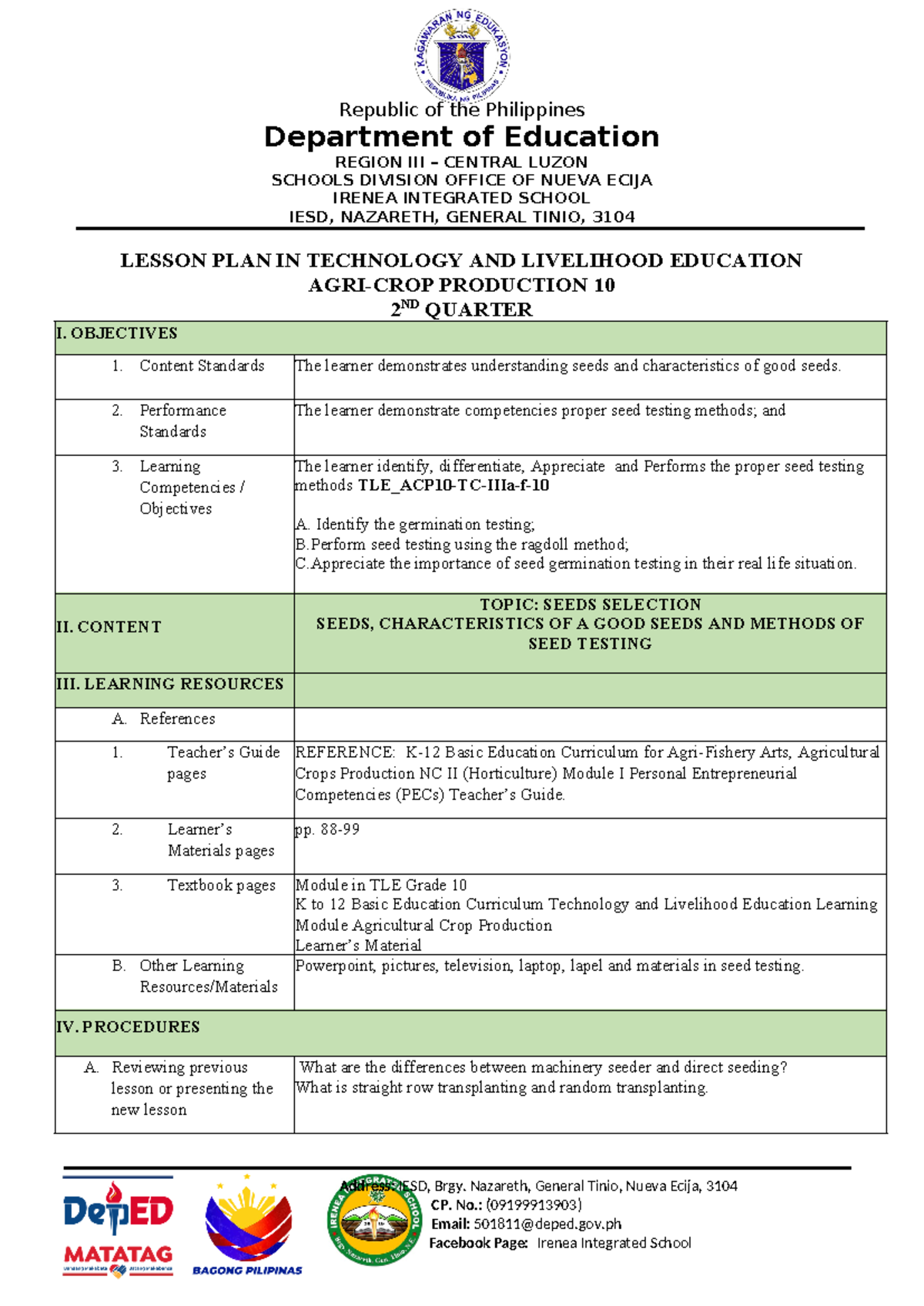 Irenea-School-Template TLE COT DLP - Copy - Department of Education ...