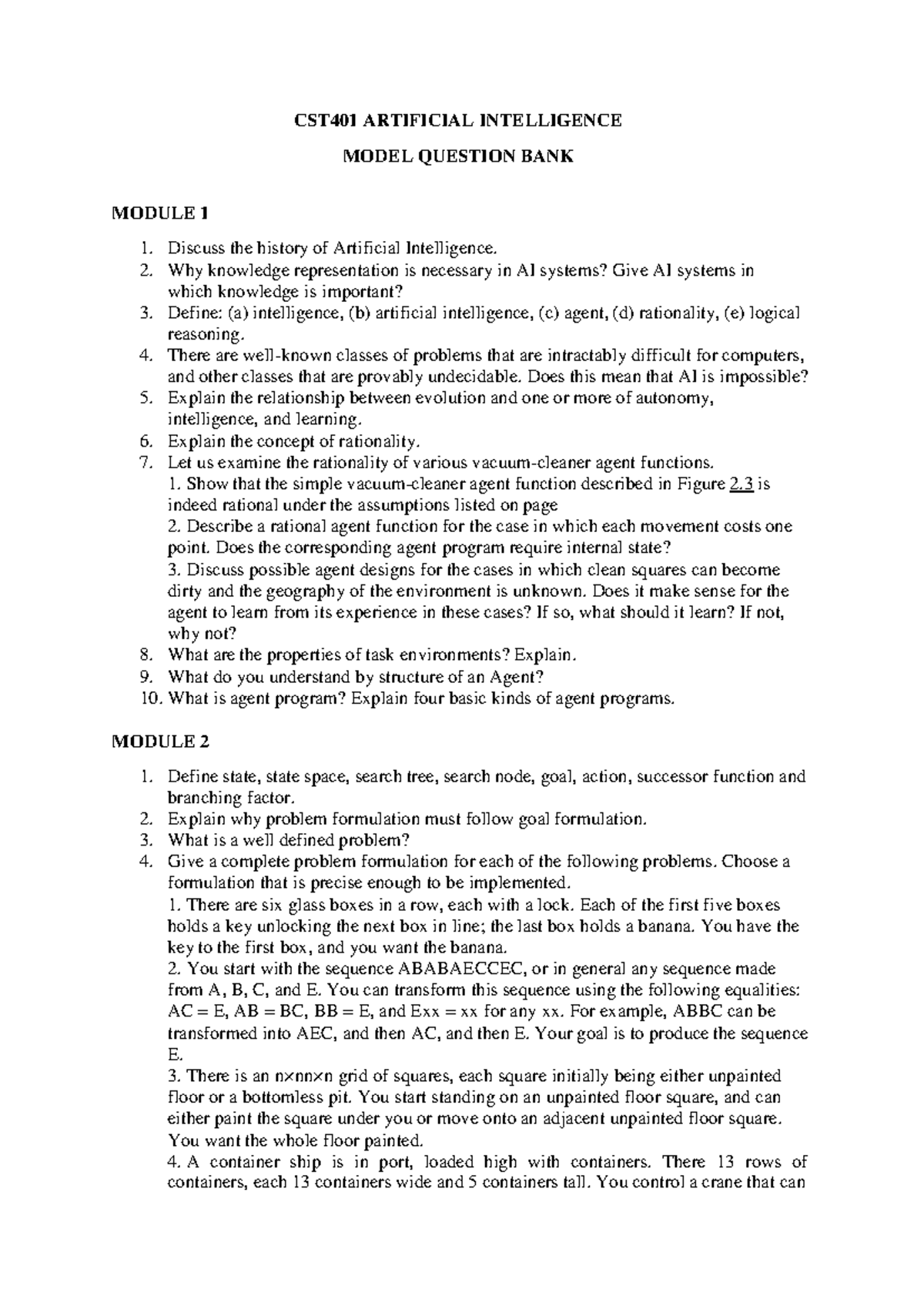 AI Module Based QB 241022 121214 - MODULE 1 CST 401 ARTIFICIAL INTELLIGENCE MODEL QUESTION BANK ...