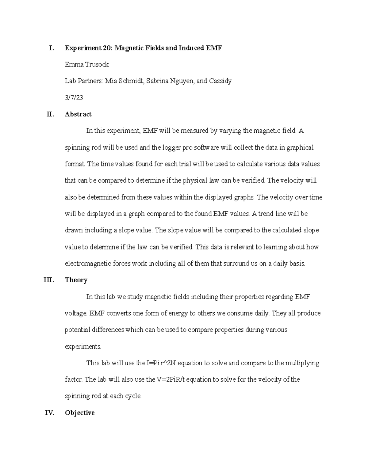 Experiment 20 Lab Report - I. Experiment 20: Magnetic Fields and ...