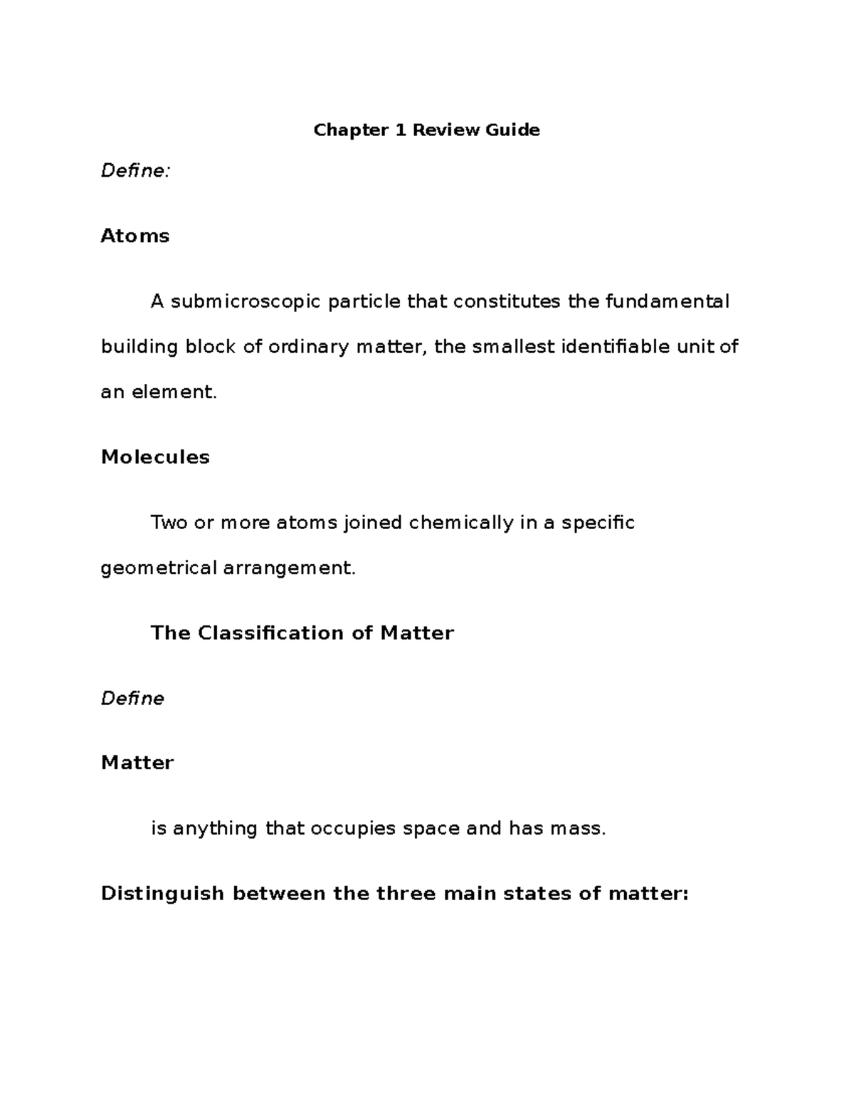 Chapter 1 Review Guide - Chapter 1 Review Guide Define: Atoms A ...