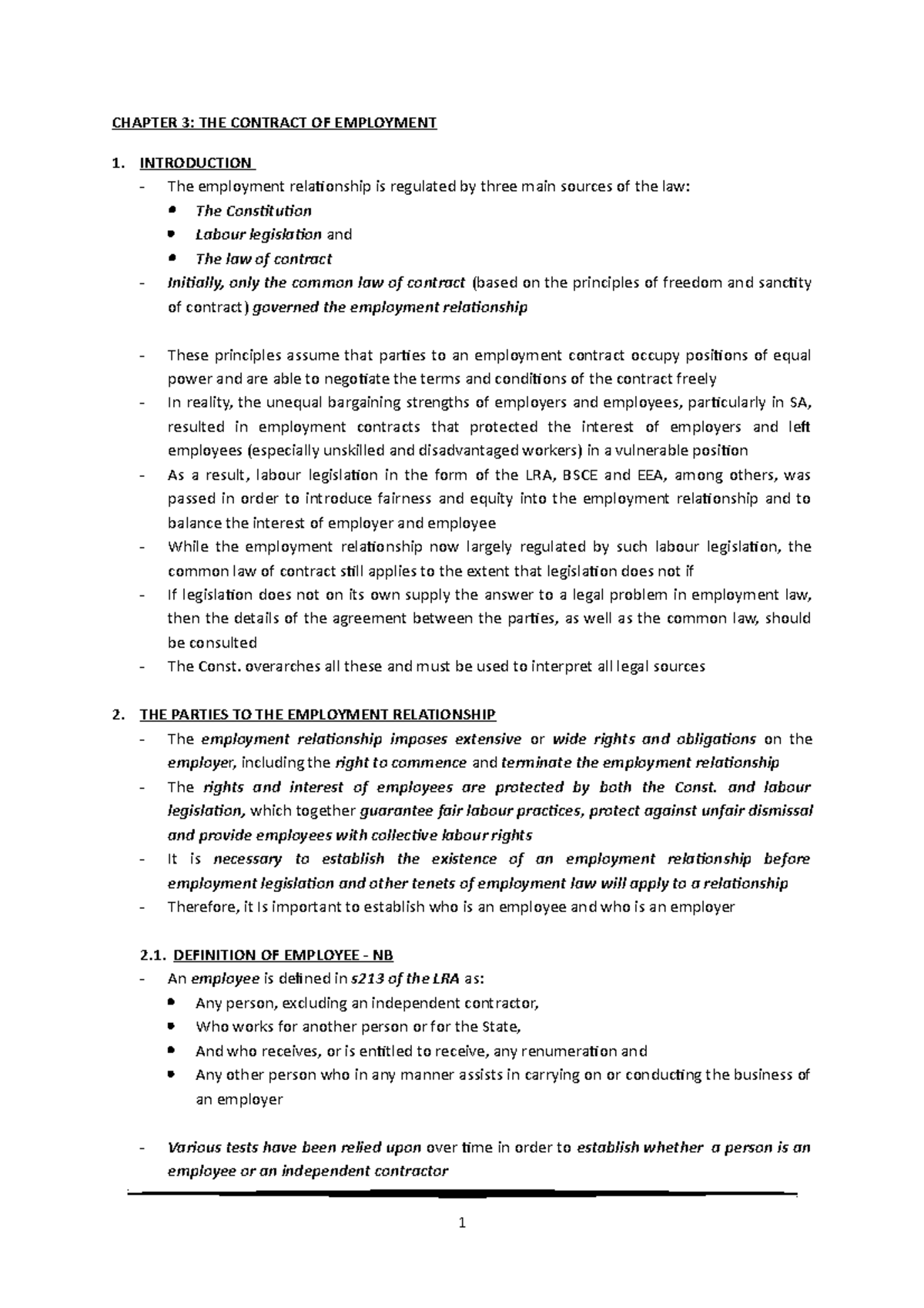 Labour Law - Chapter 3 (The contract of employment) - LLB 98680 - Unisa ...