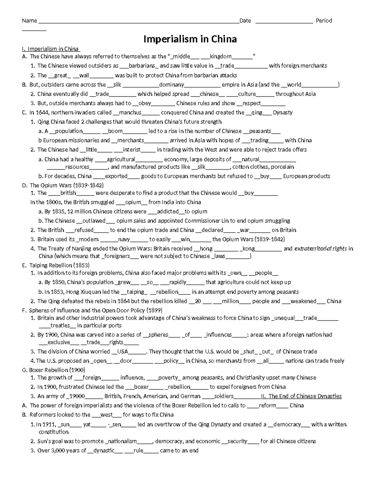 Copy of Copy of China Imperialism Notes - Name - Studocu