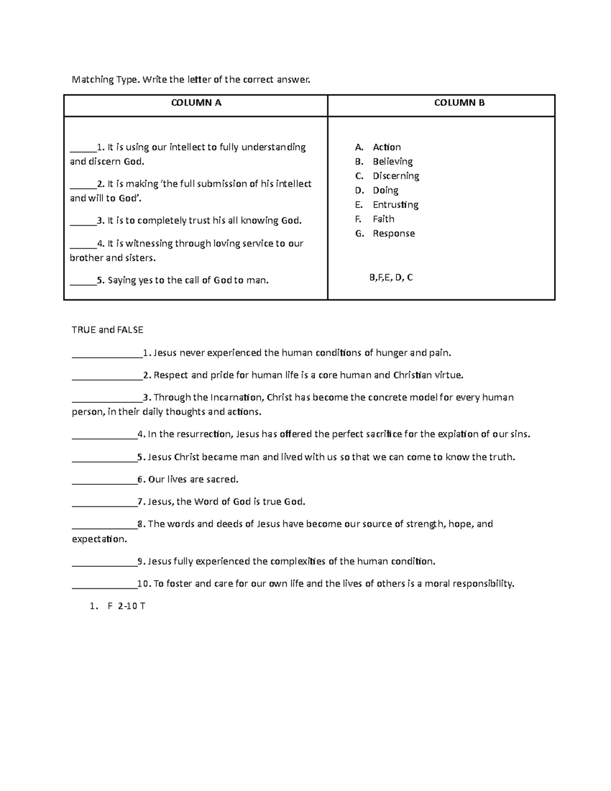 CLE-9 - QUESTIONER - Matching Type. Write the letter of the correct ...