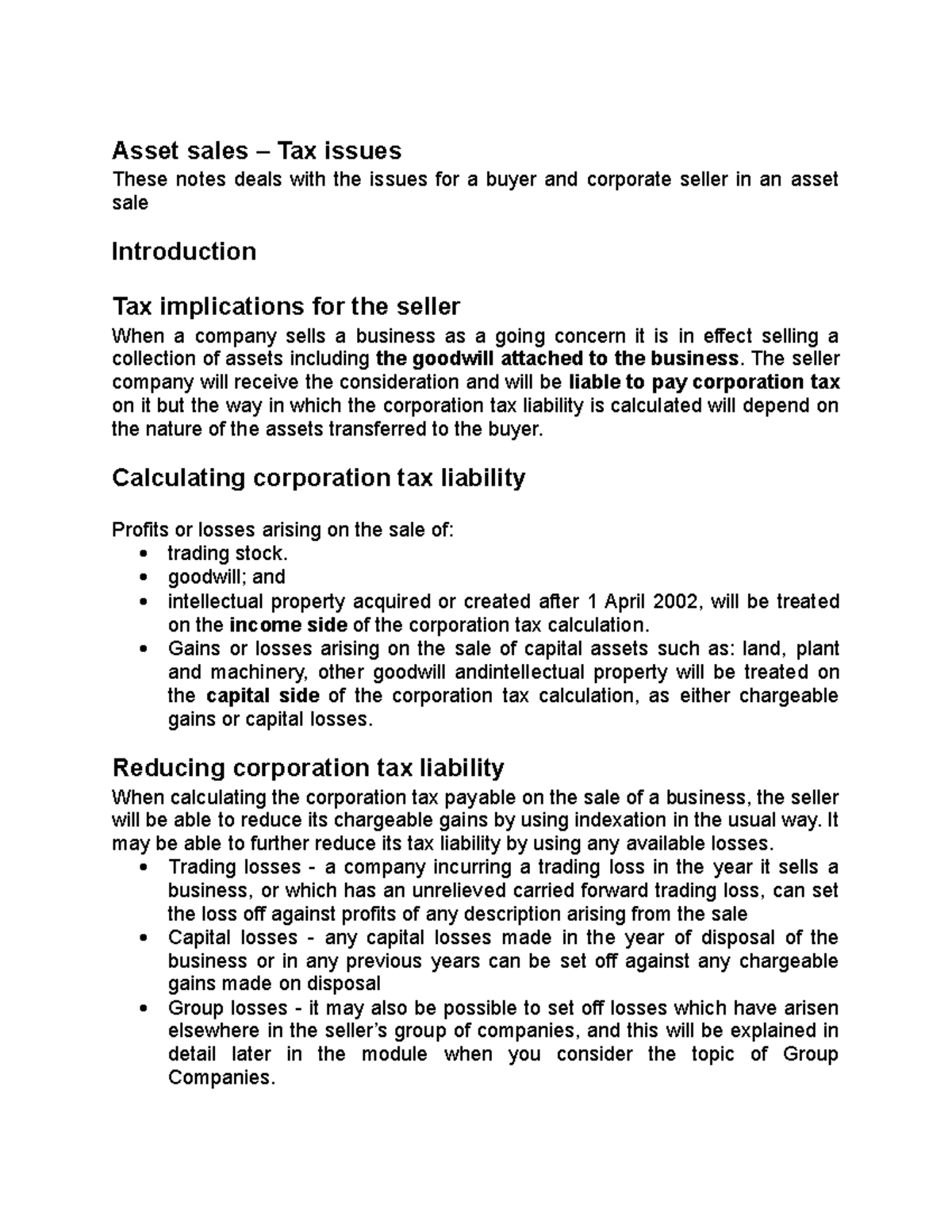 Asset sales – Tax issues - Asset sales – Tax issues These notes deals ...