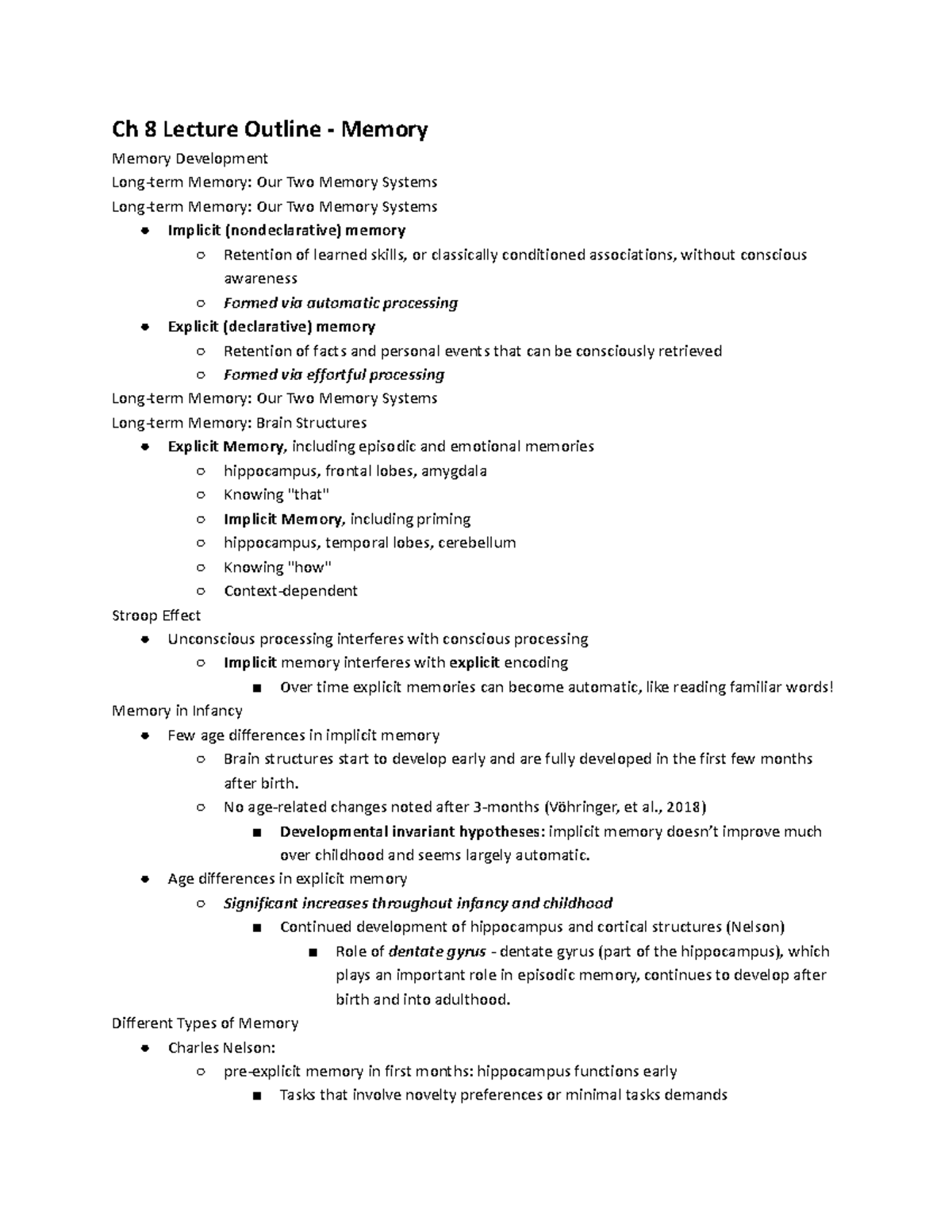 Week 10 notes - Dr. Kristin Atchison - Ch 8 Lecture Outline - Memory ...