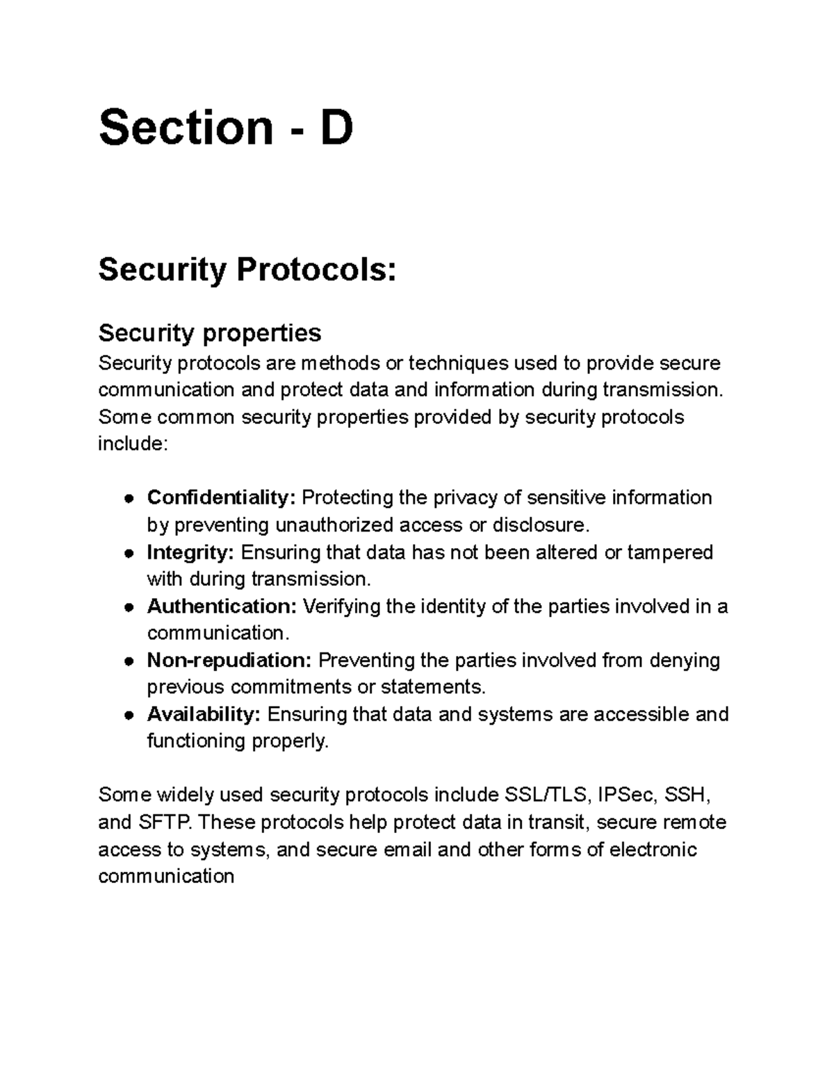 Section - D - Section - D Security Protocols: Security properties ...