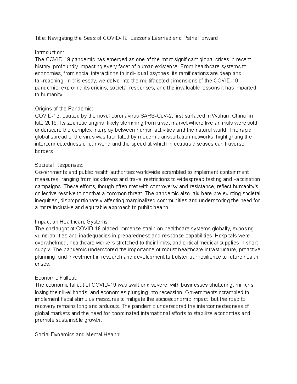 COVID-19 Essay: Lessons Learned and Future Directions - Title ...