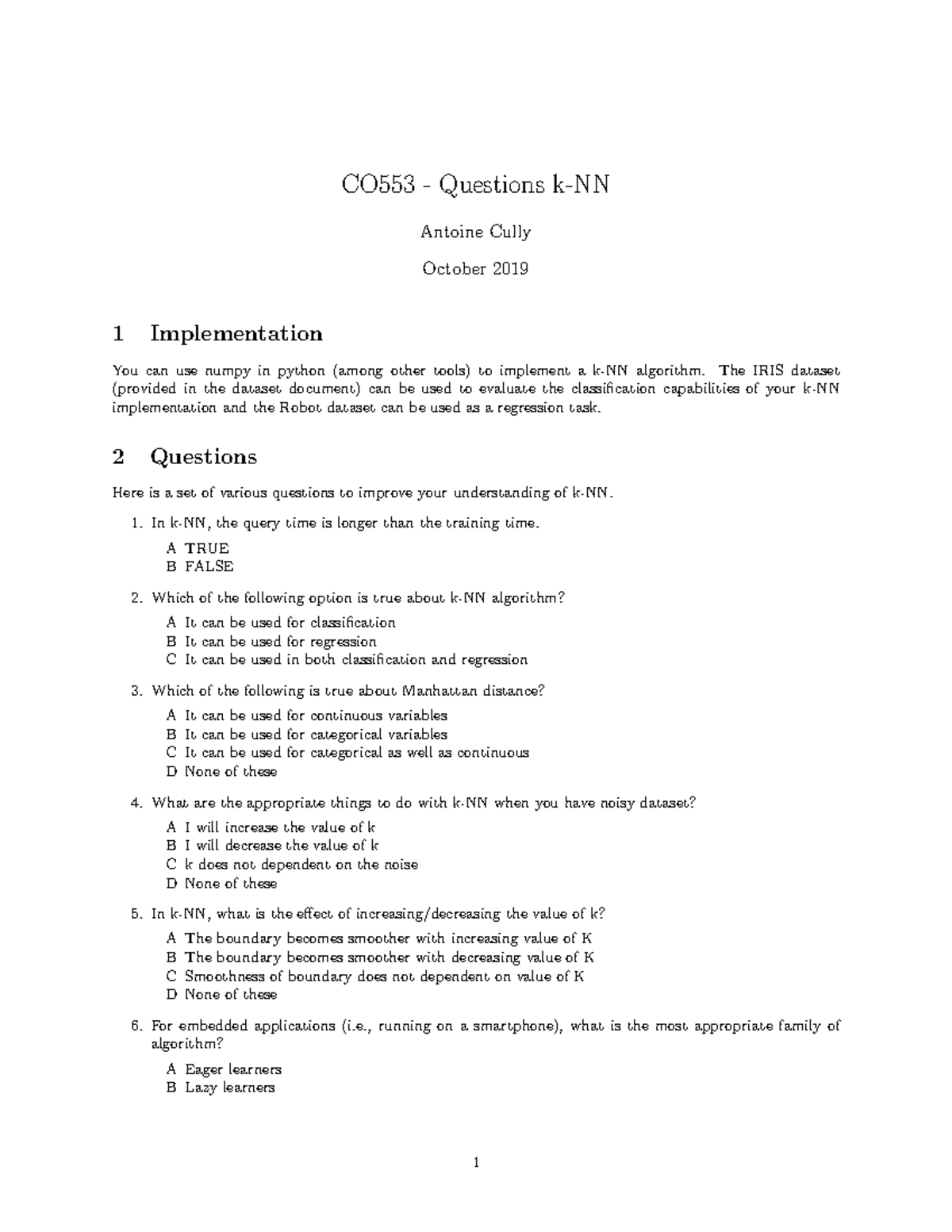 Knn questions - Exam Preparation - CO553 - Questions k-NN Antoine Cully ...