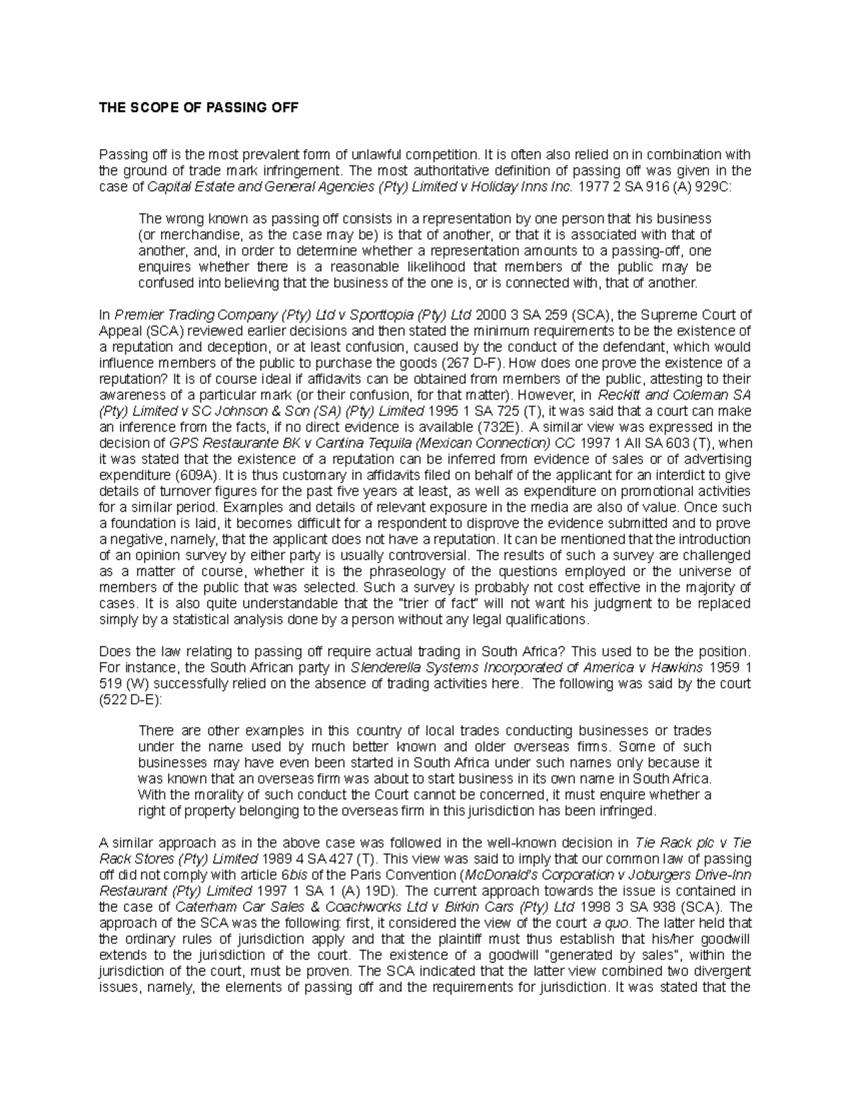 The Law of Passing Off - THE SCOPE OF PASSING OFF Passing off is the ...