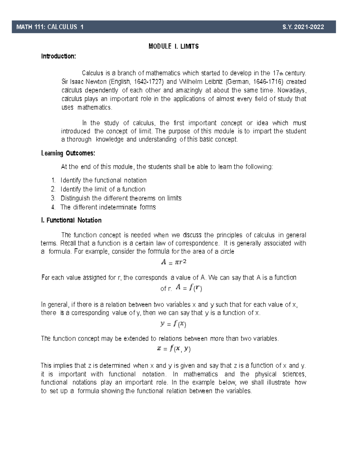 Limits 2 2 For Calculus 1 Module I Limits Introduction Calculus Is A Branch Of Mathematics