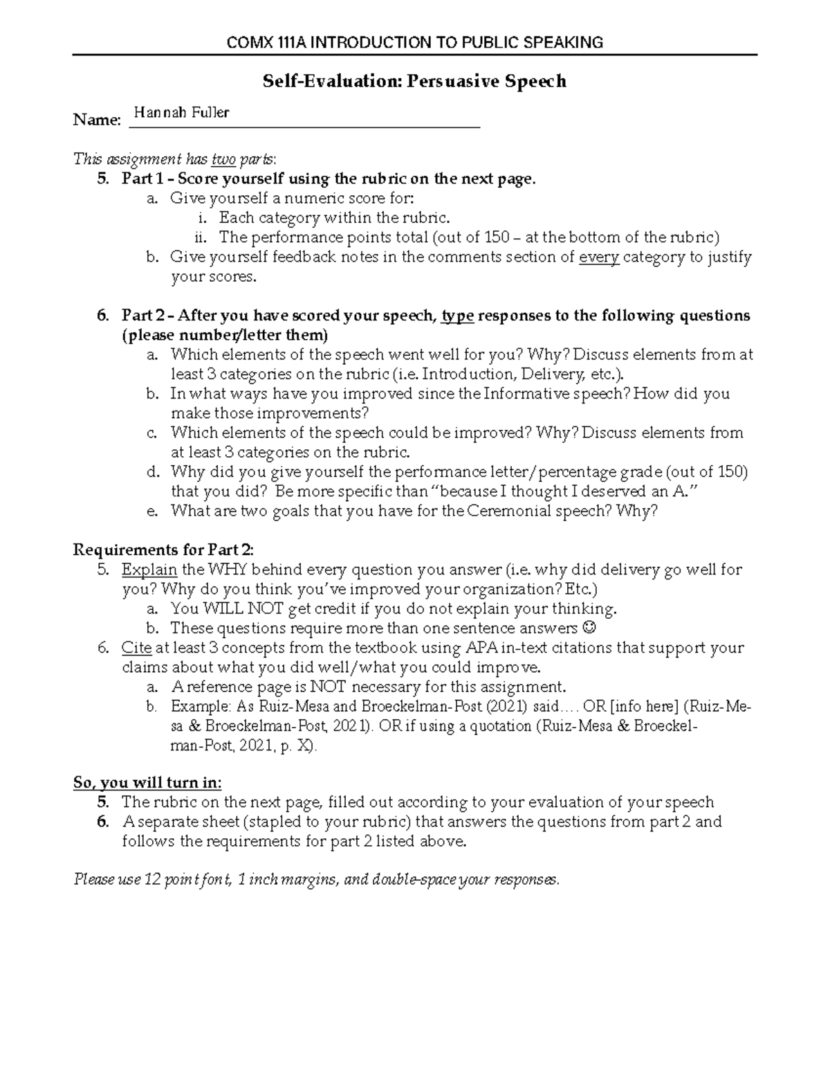 Persuasive Speech Self Evaluation - COMX 111A INTRODUCTION TO PUBLIC ...
