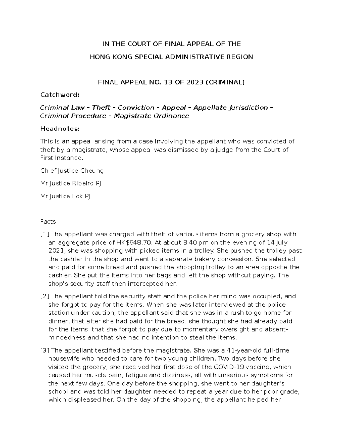 Law report - Summary Organic Chemistry and Laboratory I - IN THE COURT ...