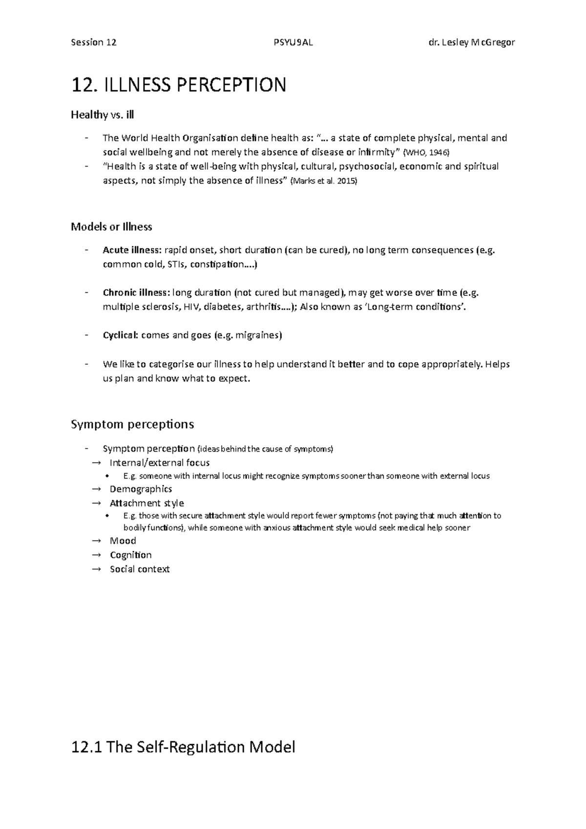 12. Illness Perception - 12. ILLNESS PERCEPTION Healthy vs. ill The ...