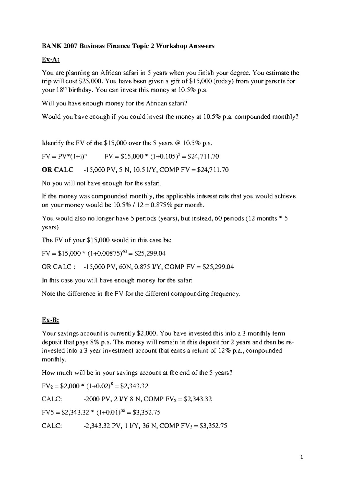 BANK 2007 Business Finance Topic 2 Workshop Exercises and answers ...