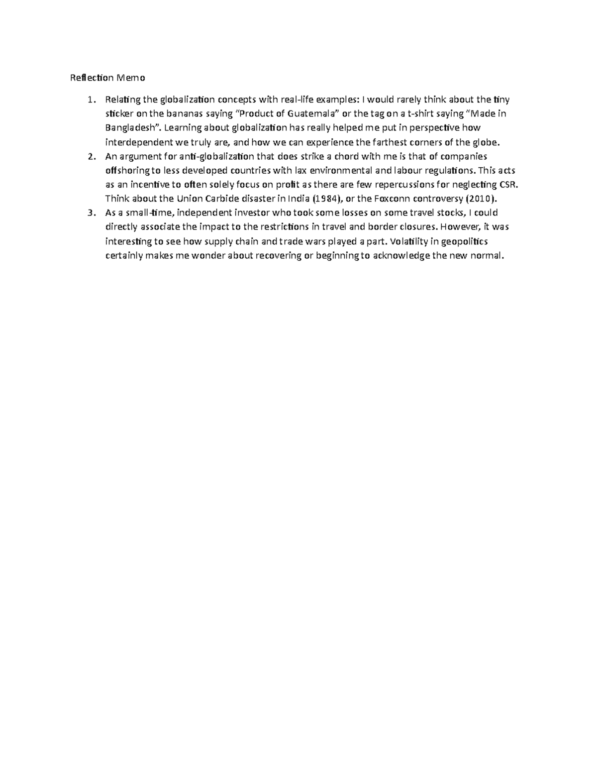 5302 Reflection memo- 1 - Reflection Memo Relating the globalization ...