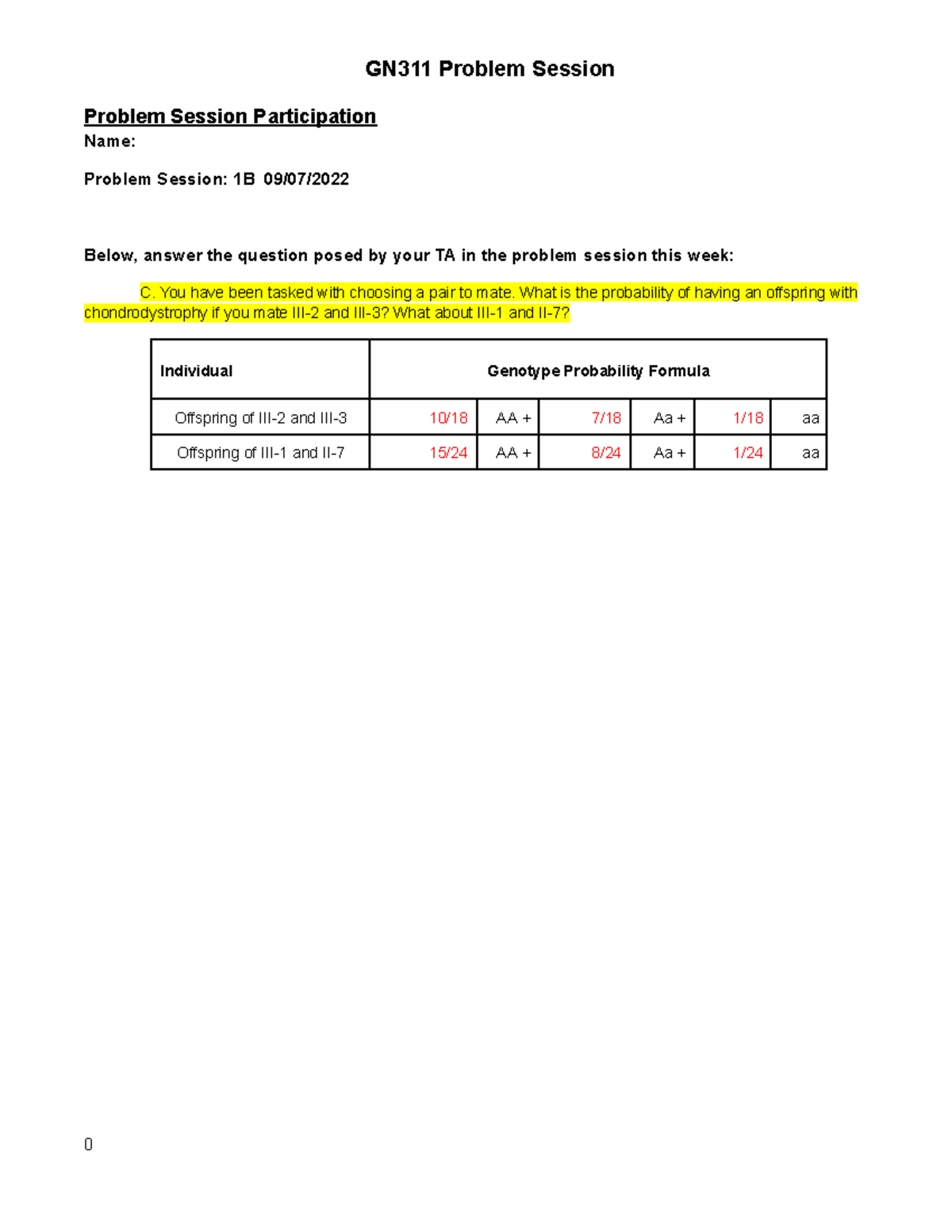 Genotype probability formula worksheet - Problem Session Participation Name: Problem Session: 1B ...