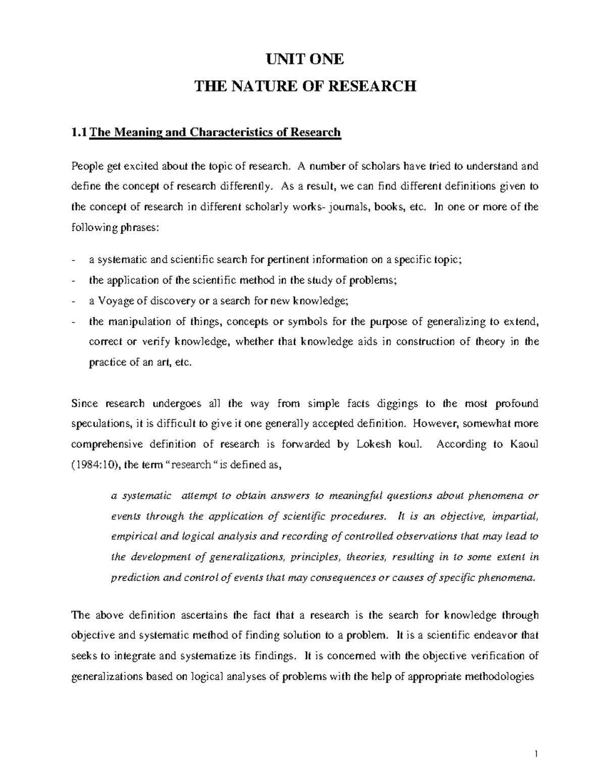 Research Handout - UNIT ONE THE NATURE OF RESEARCH 1 The Meaning and ...
