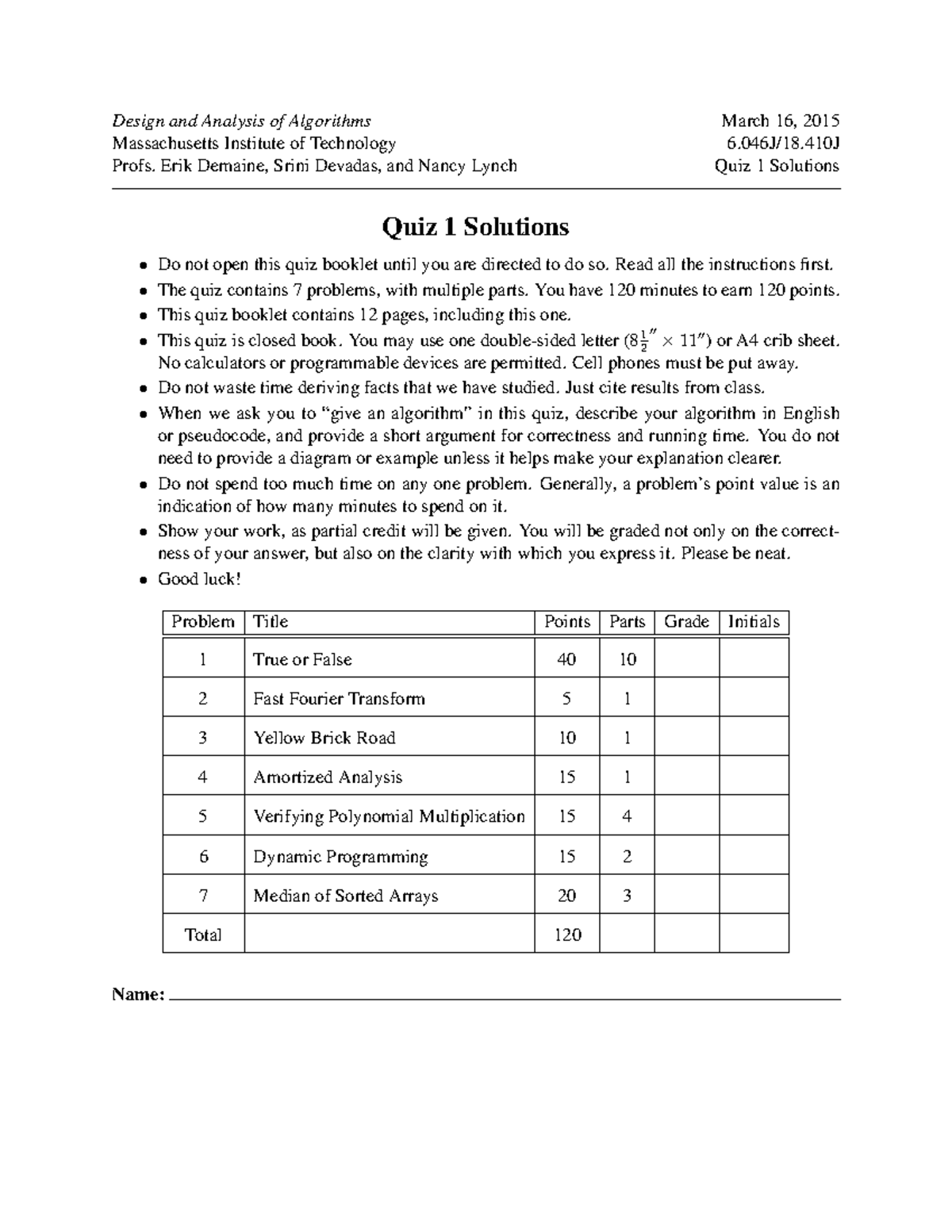 Quiz 20 December 2017, questions and answers - Design and Analysis of ...