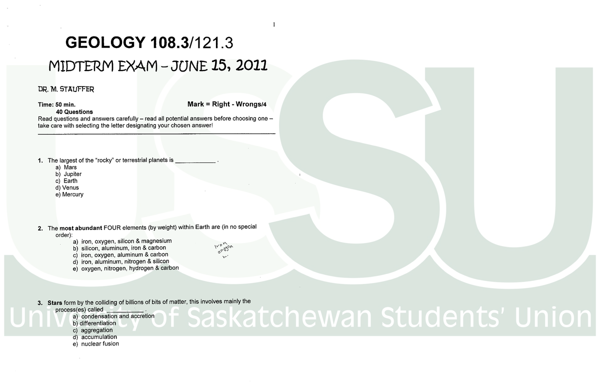 Exam June 2011, questions and answers - GEOLOGY 108.3/121 MIDTERM EXAM ...